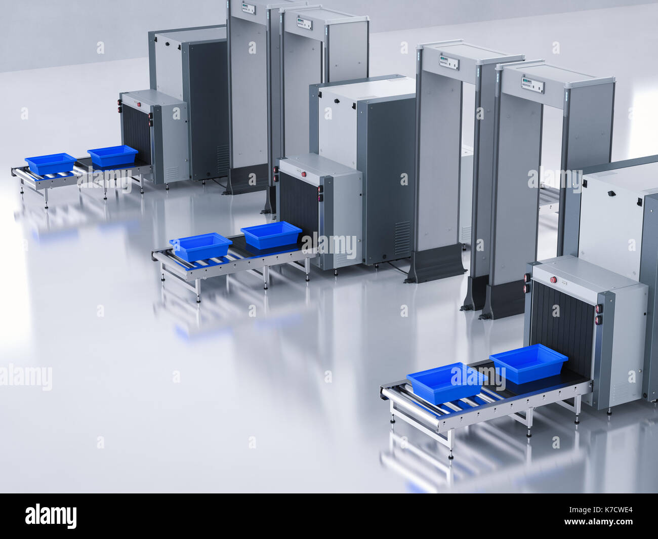 3d rendering empty trays on scanner machine at airport security ...