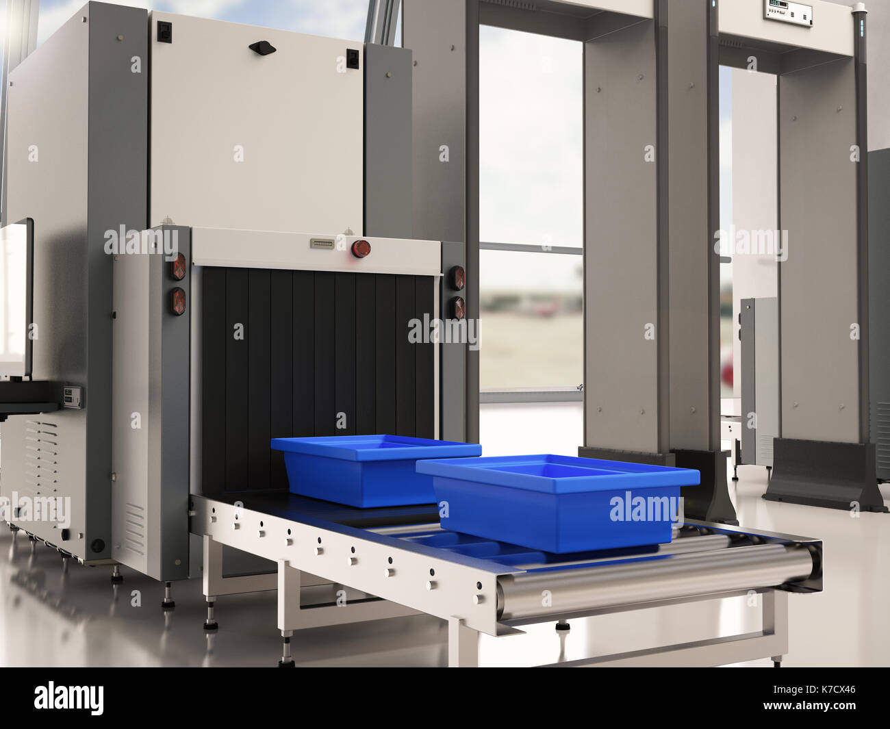 3d rendering empty trays on scanner machine at airport security ...