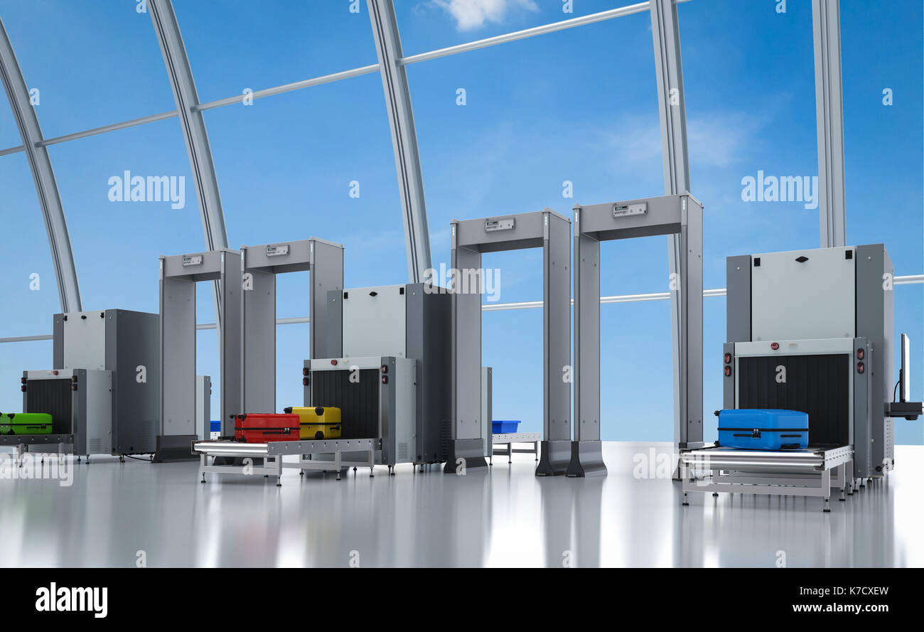 3d rendering airport security checkpoint with scanner machines are ...