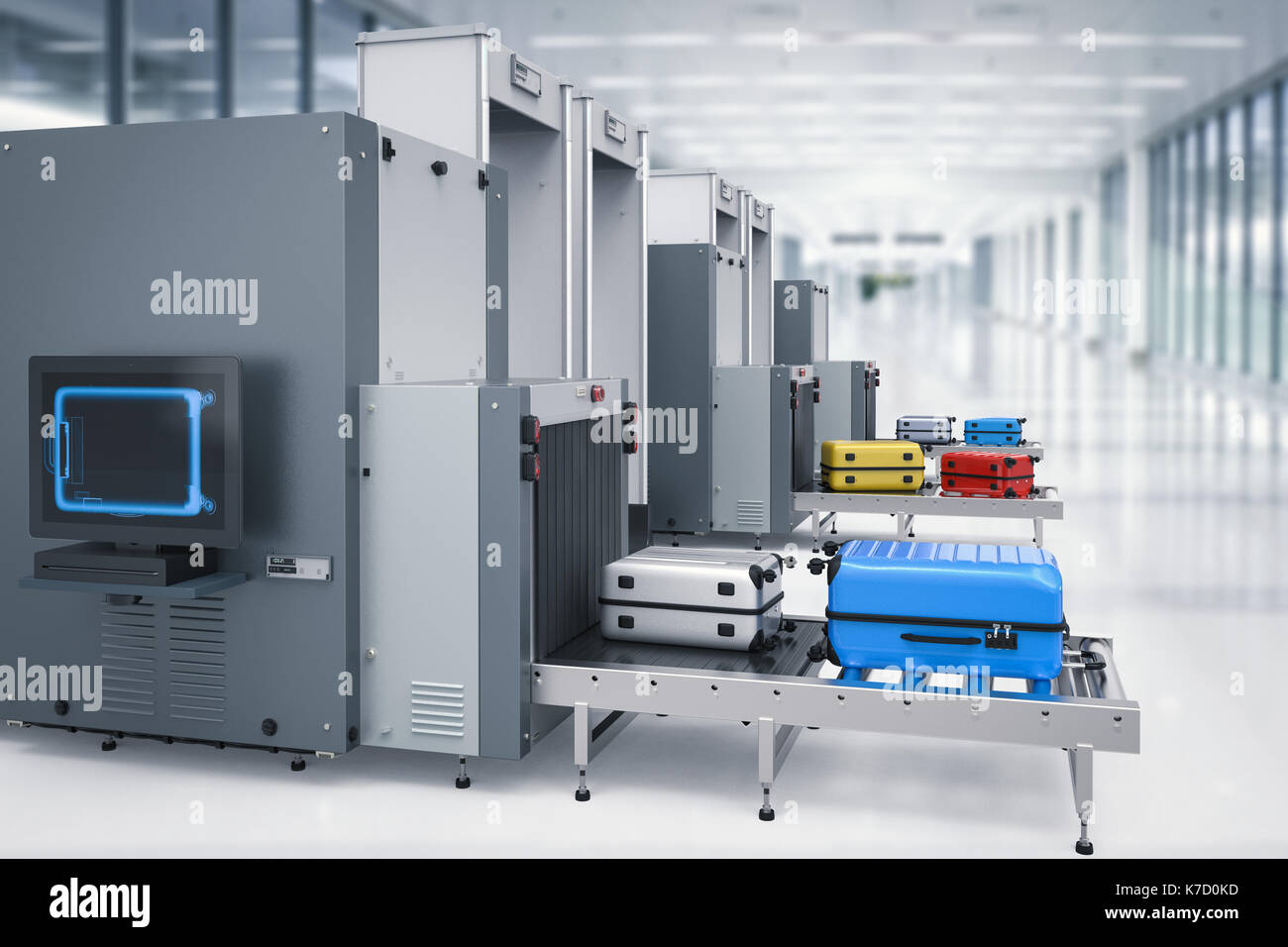 3d rendering airport security checkpoint with scanner machines are ...