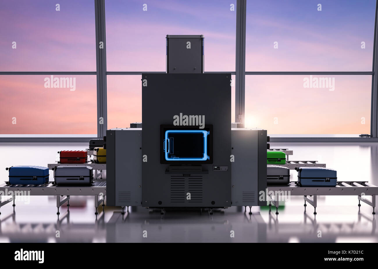 3d rendering airport security checkpoint with scanner machines are ...