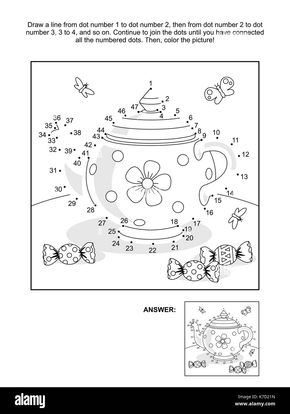 Connect the dots picture puzzle and coloring page with tea pot and ...