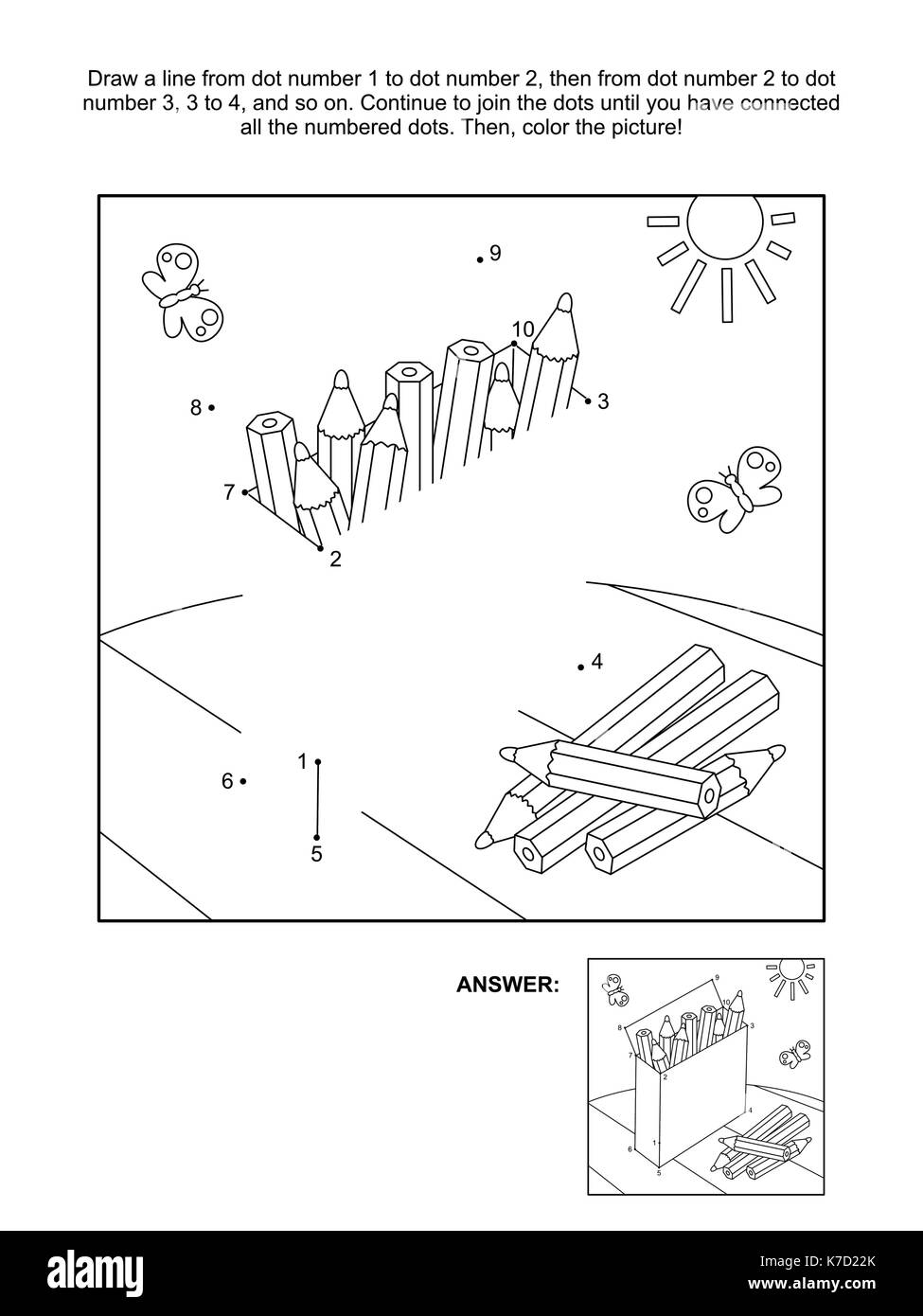 Connect the dots picture puzzle and coloring page with box of colored ...