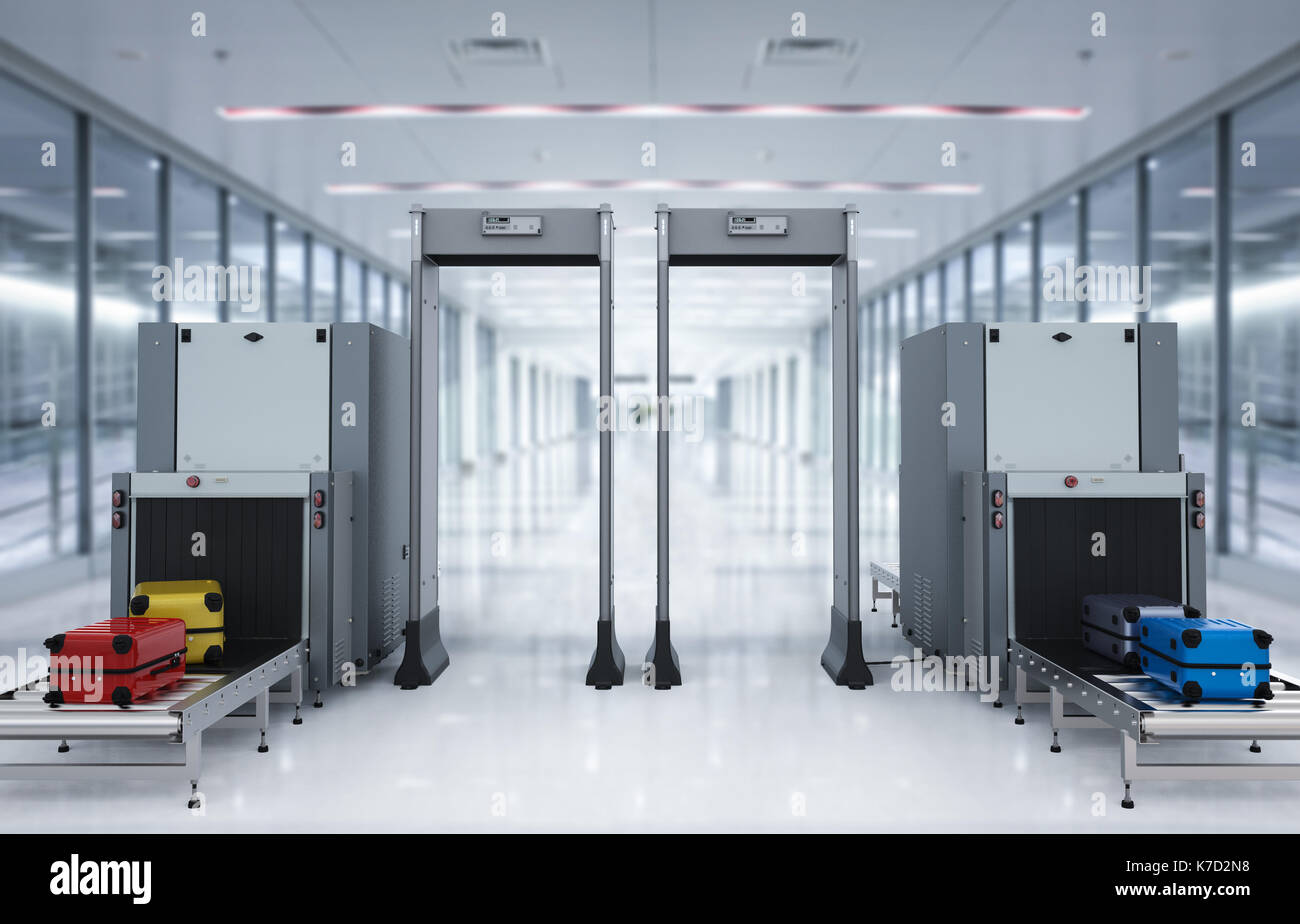 3d rendering airport security checkpoint with scanner machines are ...
