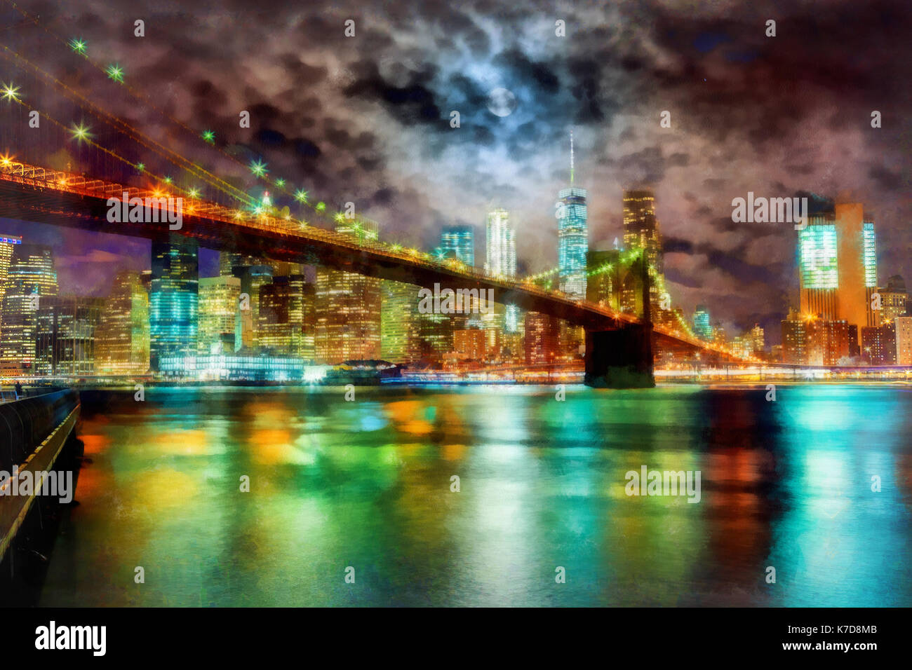 Brooklyn Bridge and Manhattan Skyline At Night, New York City Stock ...