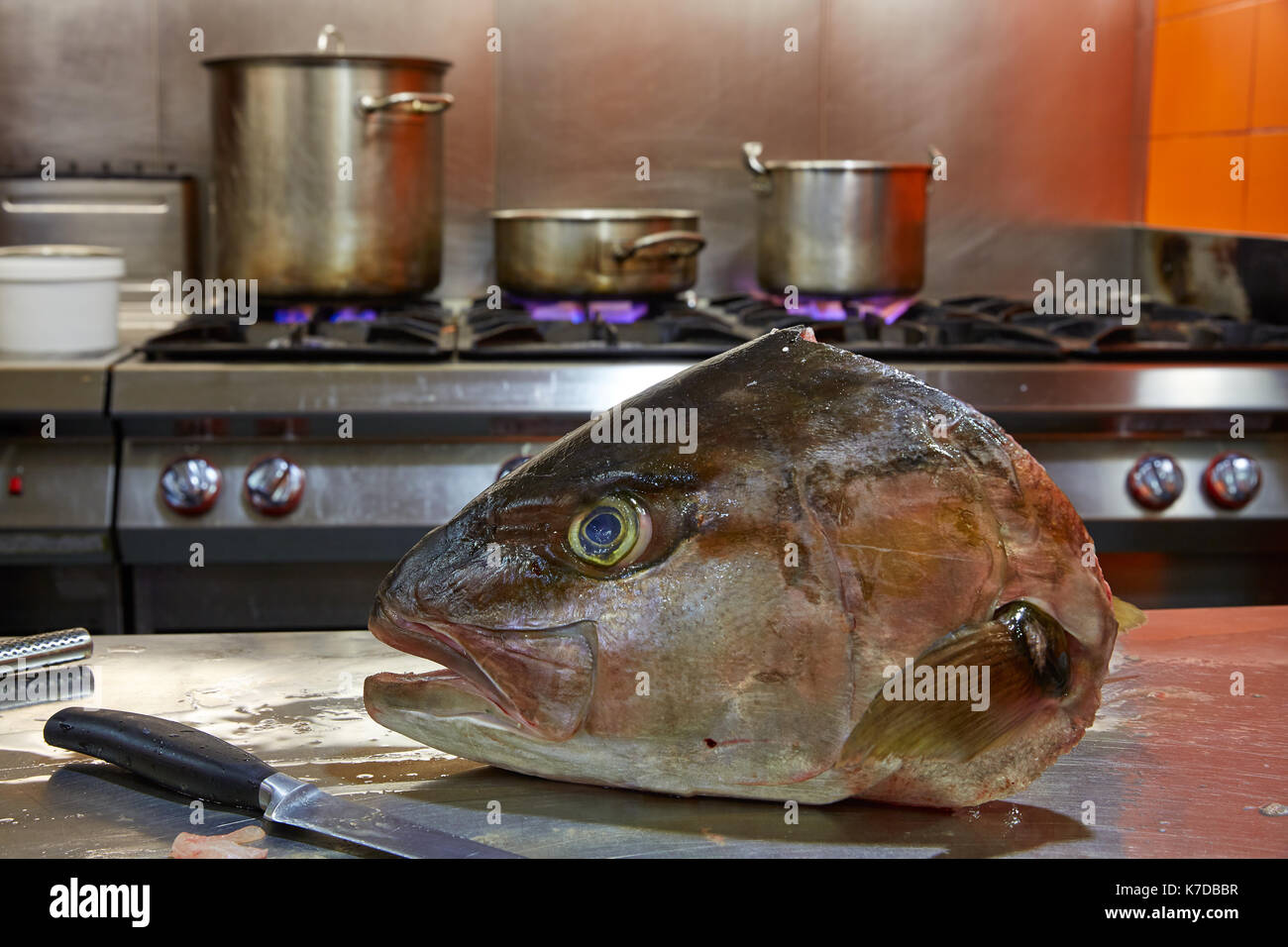 Amberjack fish head fillet process in stainless steel kitchen Stock ...