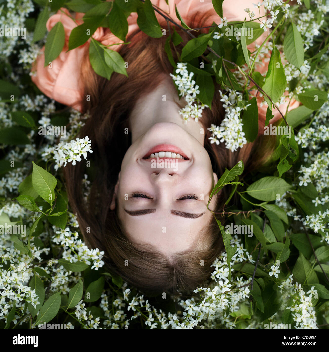 Overhead view of woman lying amidst plants Stock Photo - Alamy