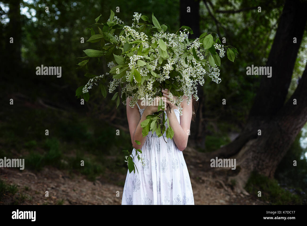 Woman hiding face with plants while standing in forest Stock Photo - Alamy