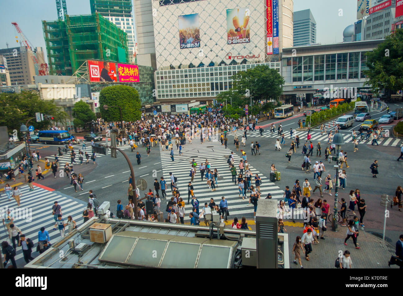 TOKYO, JAPAN JUNE 28 - 2017: Top view of crowd of people crossing in ...