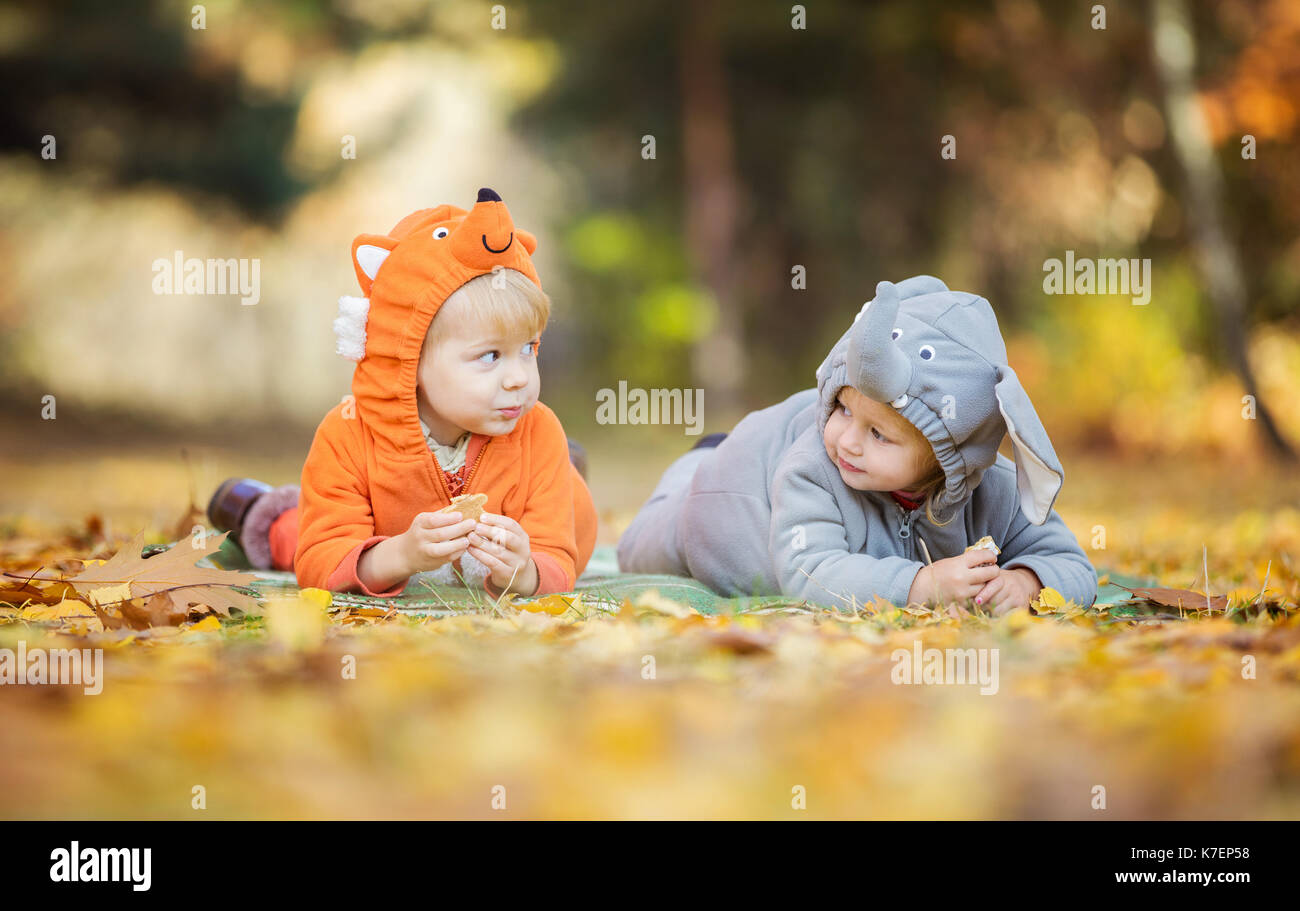 Little children in animal costumes, boy dressed as fox, girl as ...