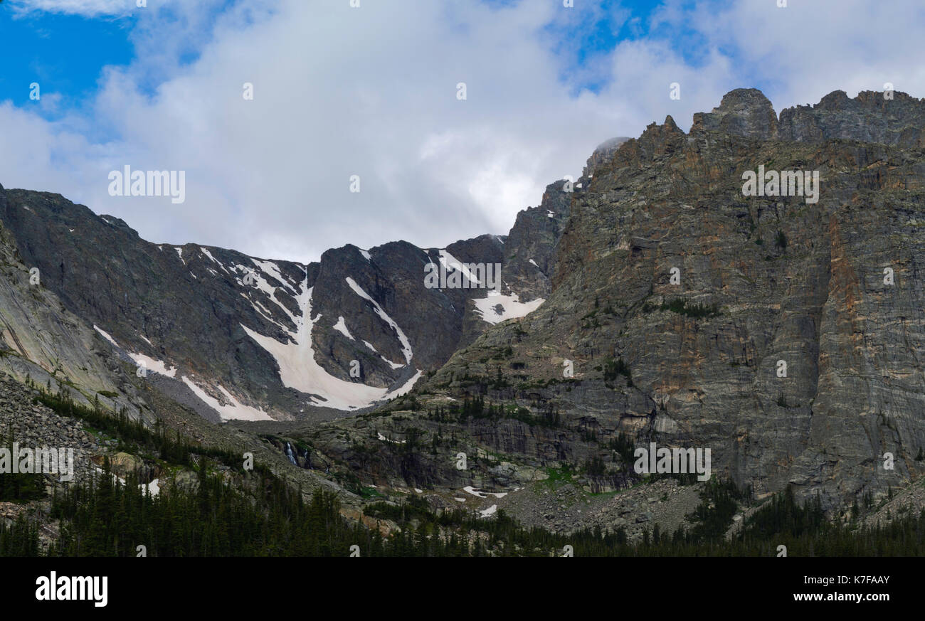 Panoramic view of Timberline Falls and the mountains above The Loch ...