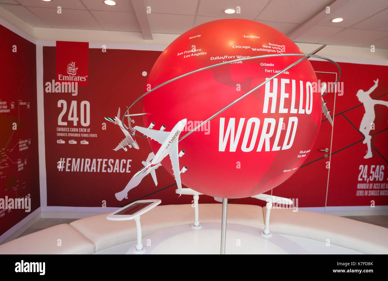 New York, NY USA - August 26, 2017: Booth of Emirates Airline sponsor ...
