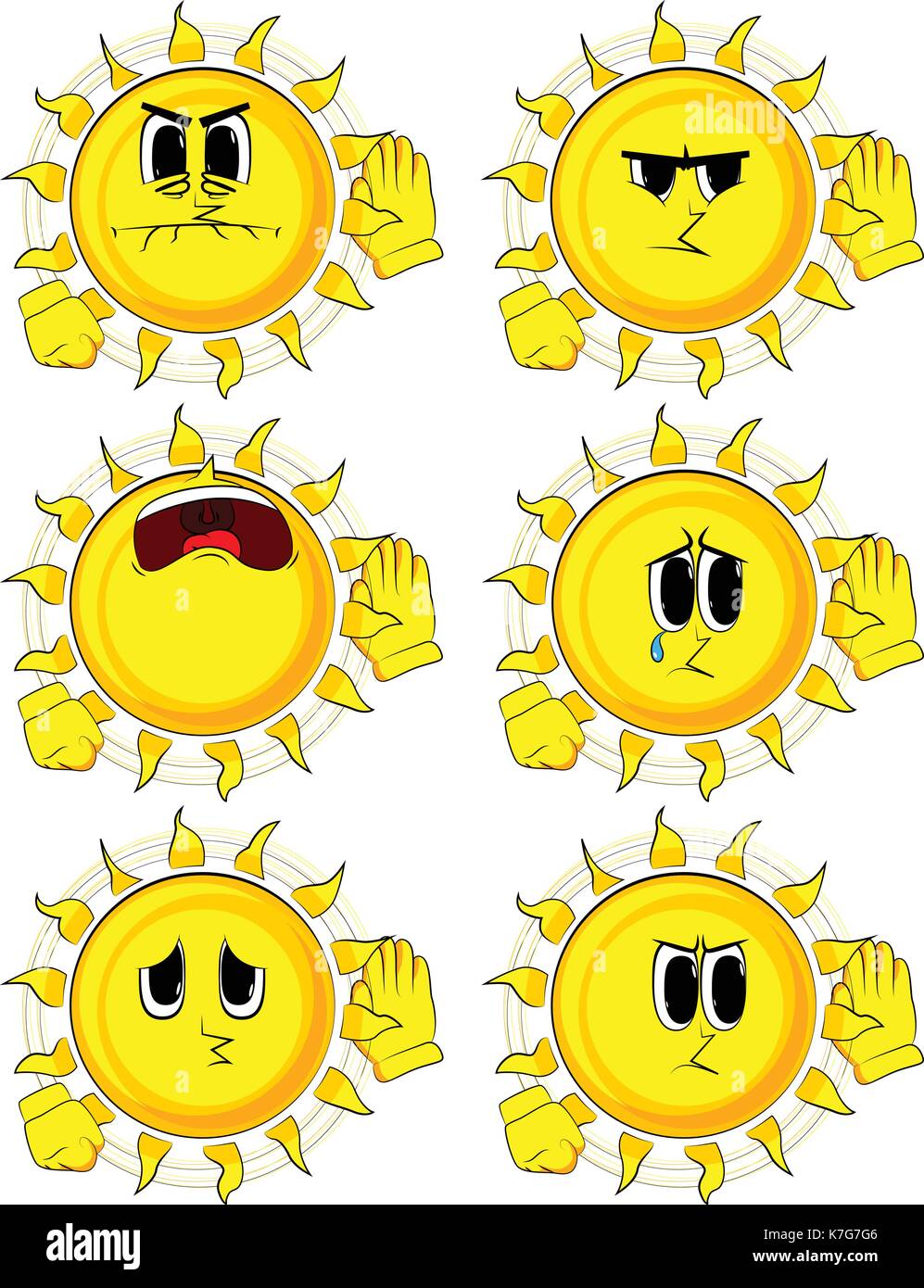 Cartoon sun holds hand at his ear, listening. Collection with sad faces ...