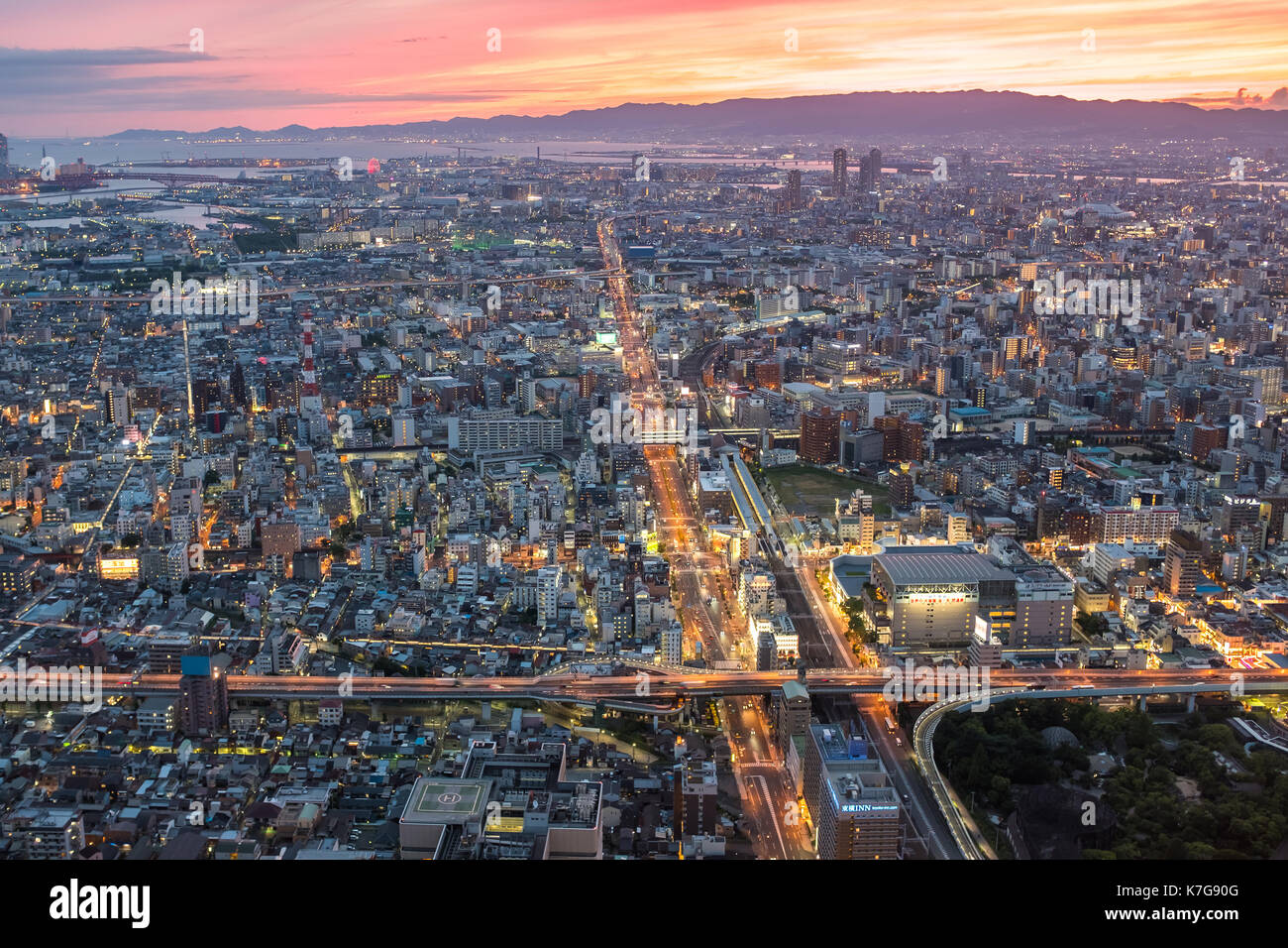 OSAKA, JAPAN - June 12, 2017: Osaka cityscape view 300 meters above ...