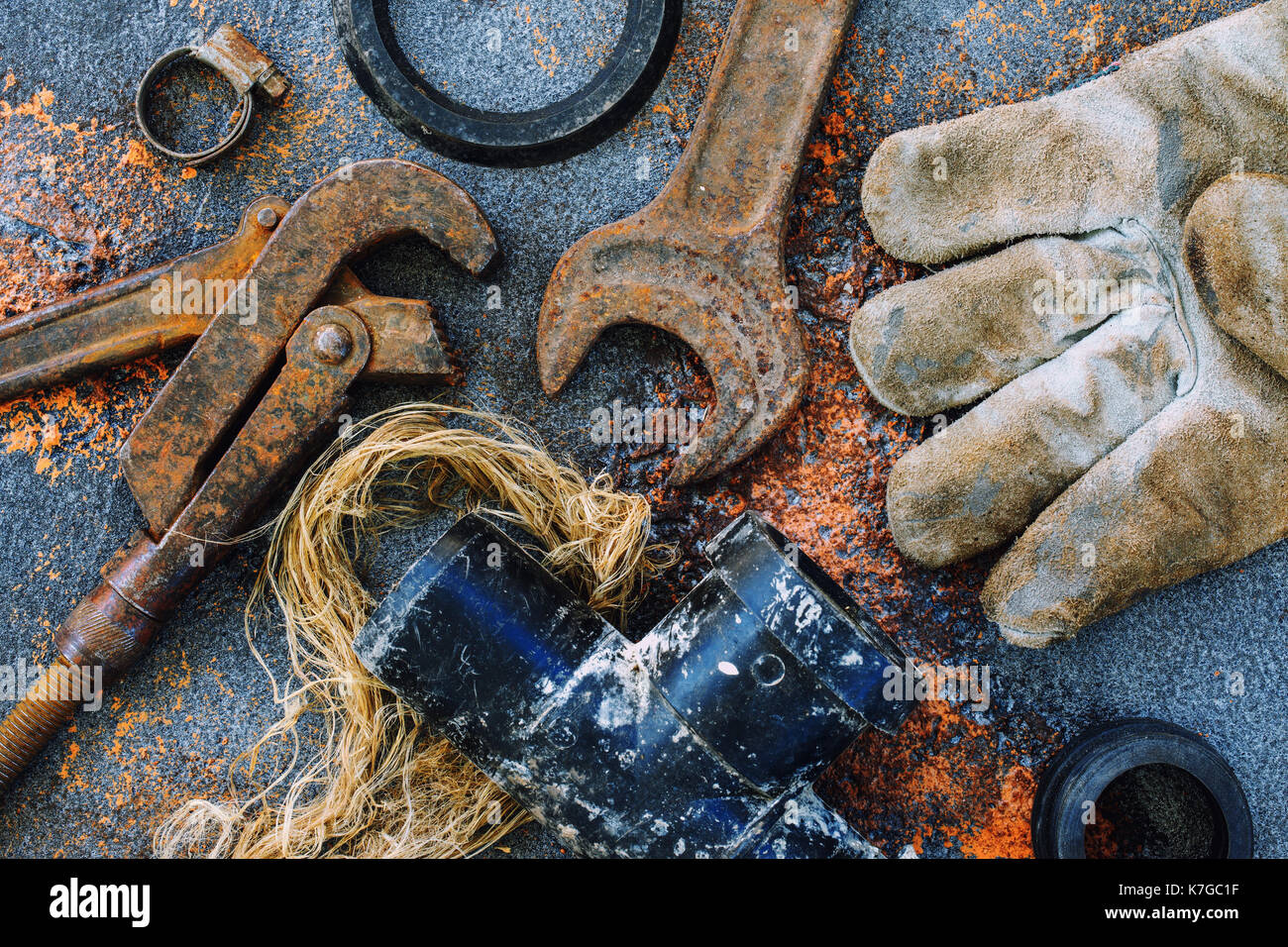 Old rusty tools for plumbing work. View from above Stock Photo - Alamy