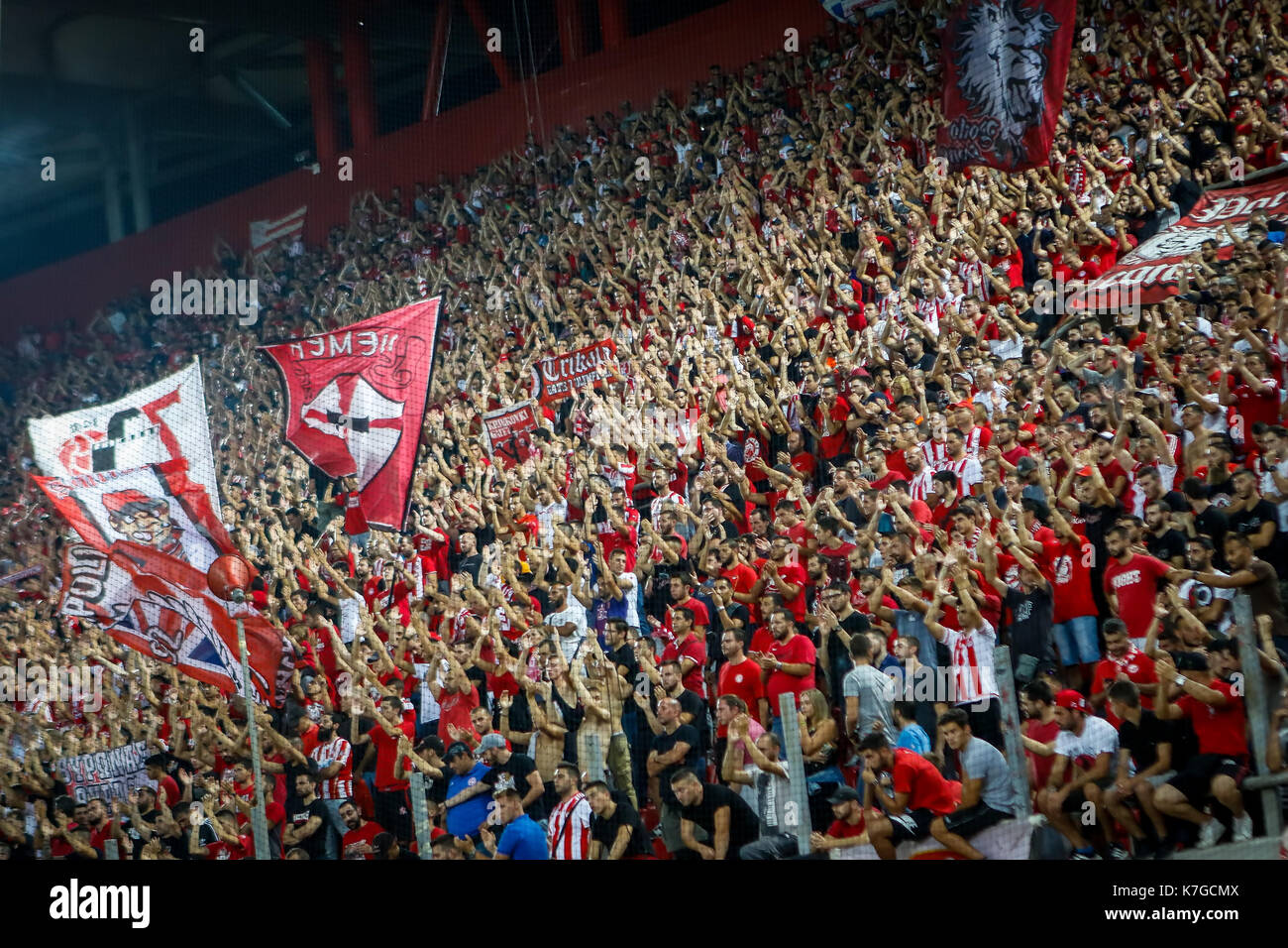 Piraeus, Greece - Sempteber 12, 2017: Olympiacos fans celebrating for ...