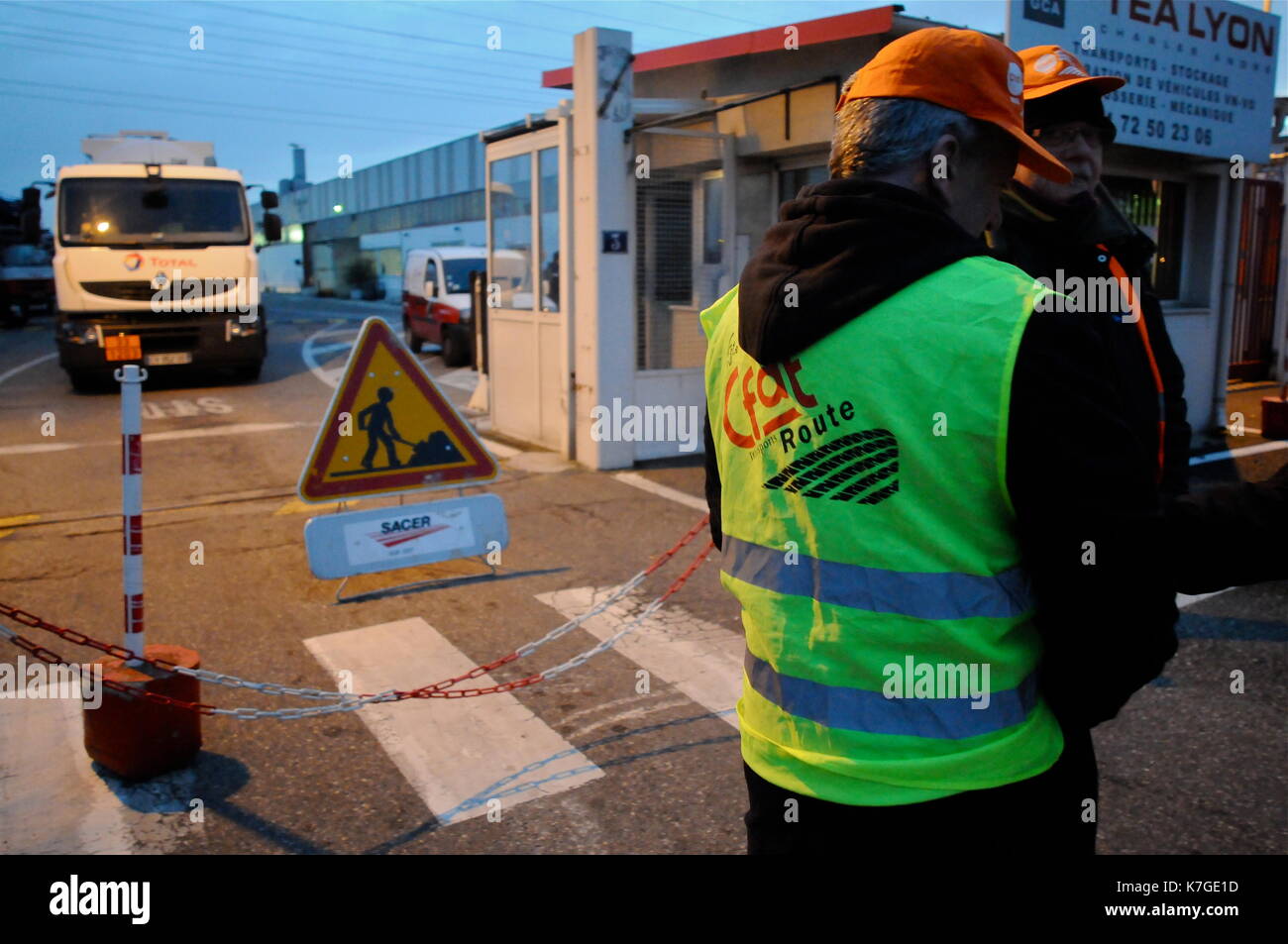 Lorry drivers block petrol depot in Chasse-sur-Rhone, France Stock ...