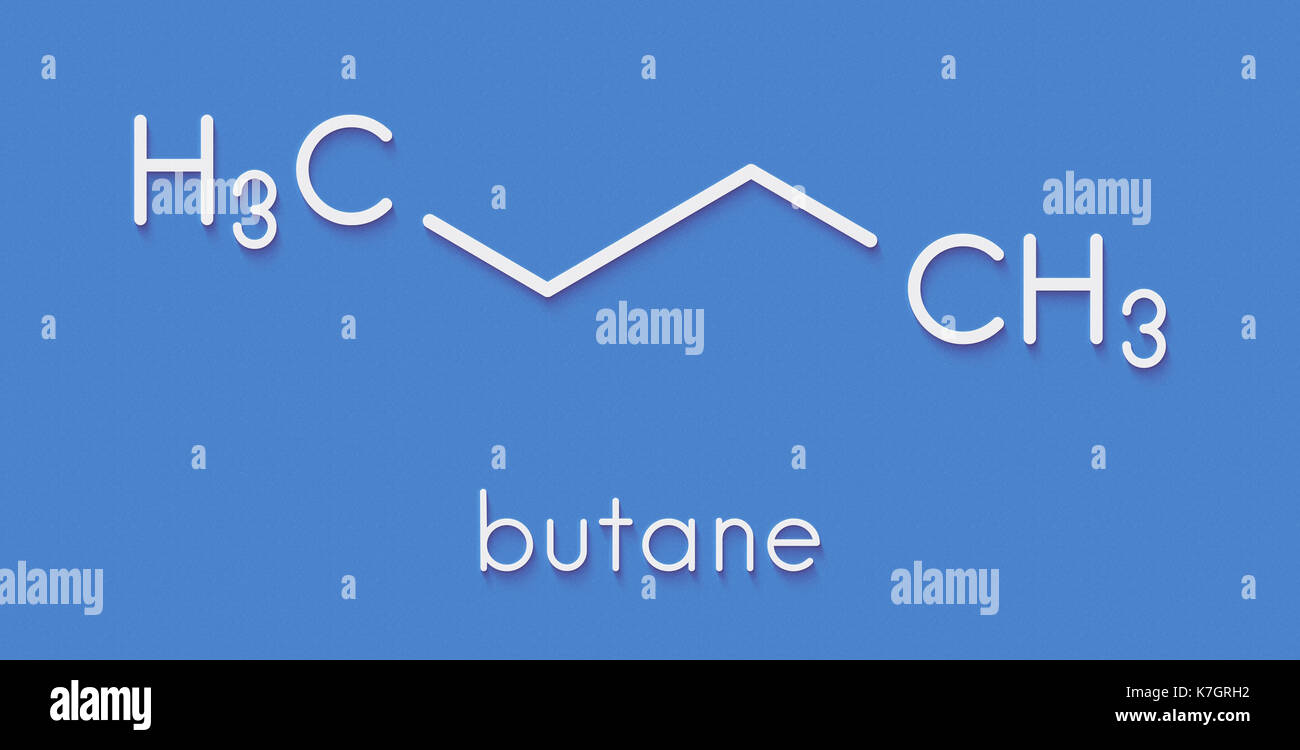 Butane hydrocarbon molecule. Commonly used as fuel gas, alone or ...