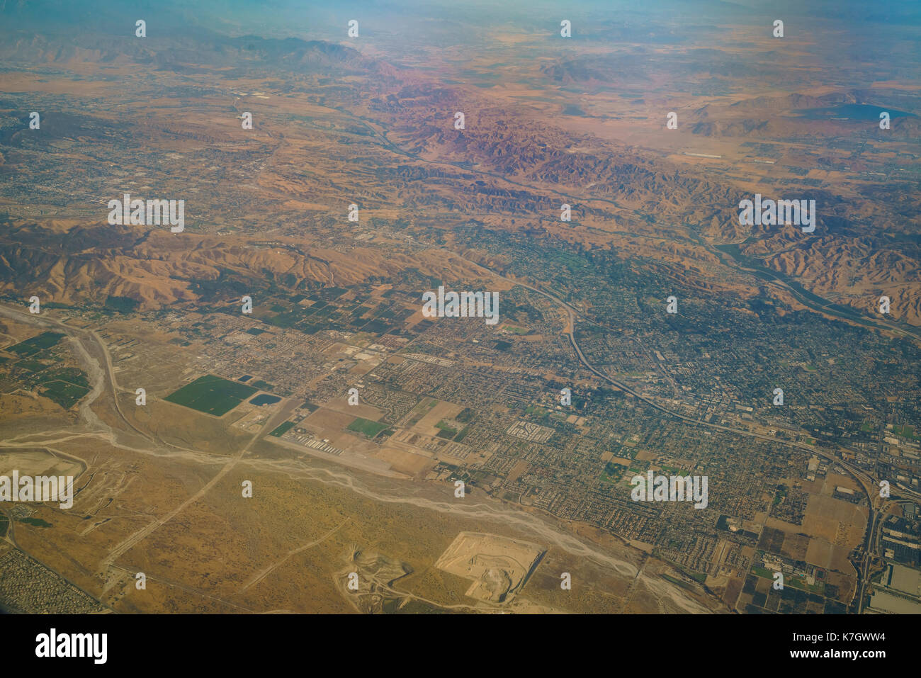 Aerial view of Redlands, view from window seat in an airplane at ...