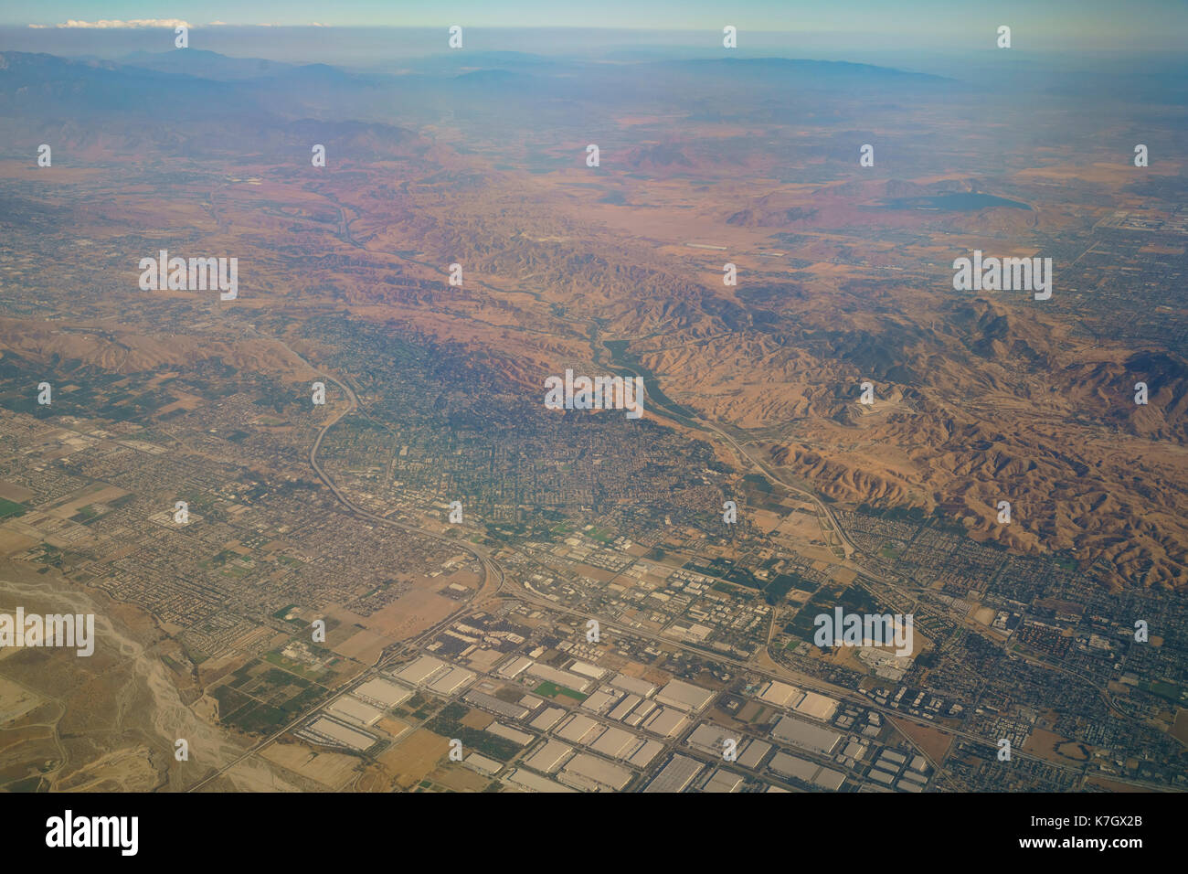 Aerial view of Redlands, view from window seat in an airplane at ...