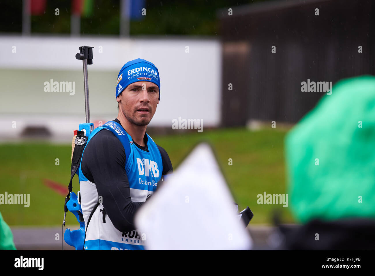 Simon Schempp during zeroing before the Mass start Biathlon, German ...