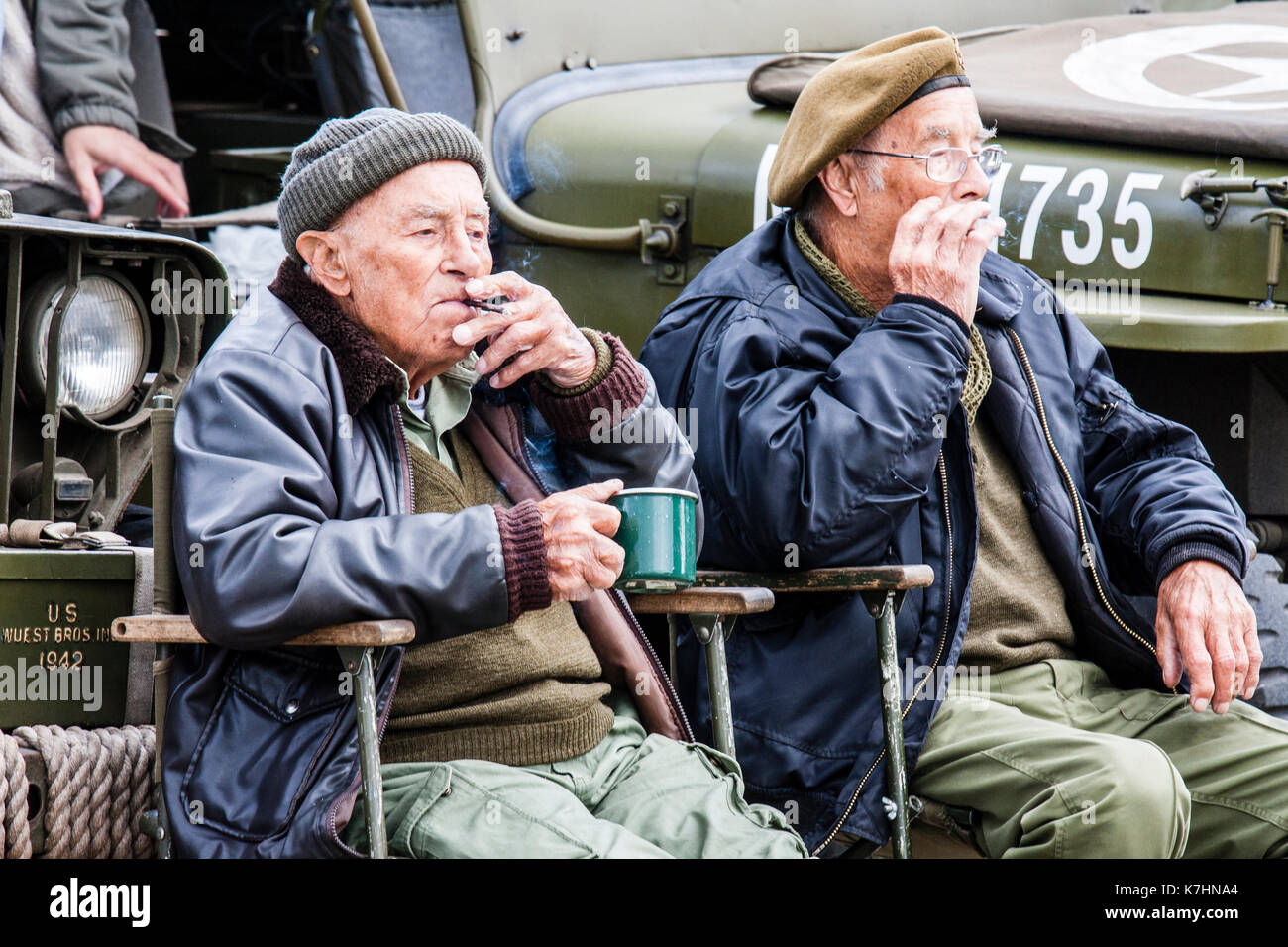 England, Chatham dockyard. Two old men in their sixties. wearing US ...