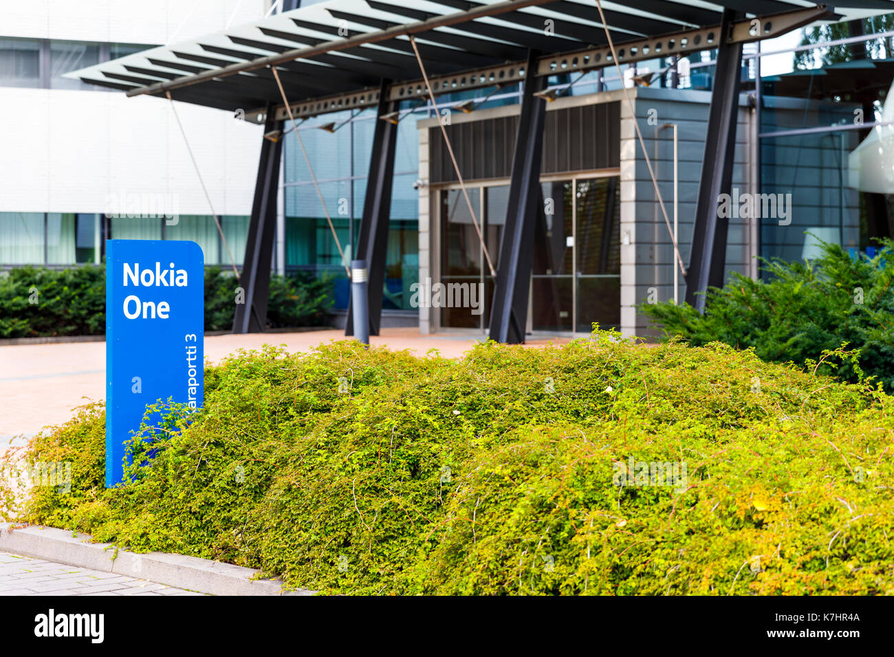 HELSINKI, FINLAND - SEPTEMBER 16, 2017: Nokia brand name on a blue sign ...