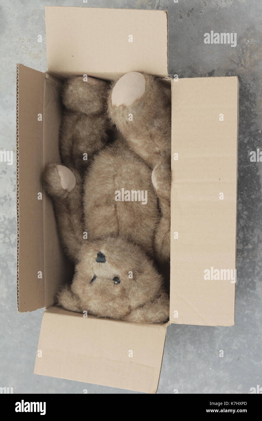 teddy bear in box in front of the wood door Stock Photo - Alamy