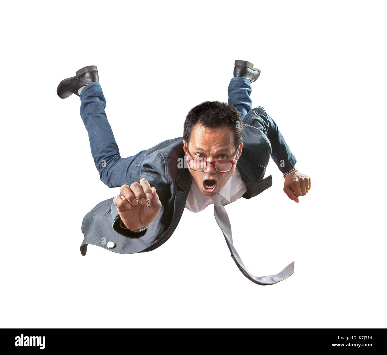 asian business man flying with amazing face isolated white background ...