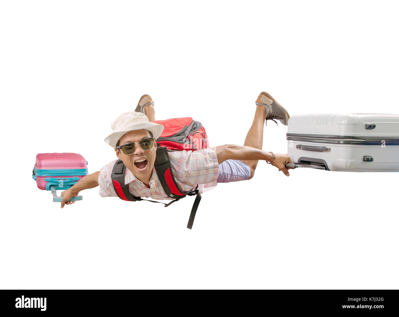 asian traveling man flying with luggage bag crazy face isolated white ...