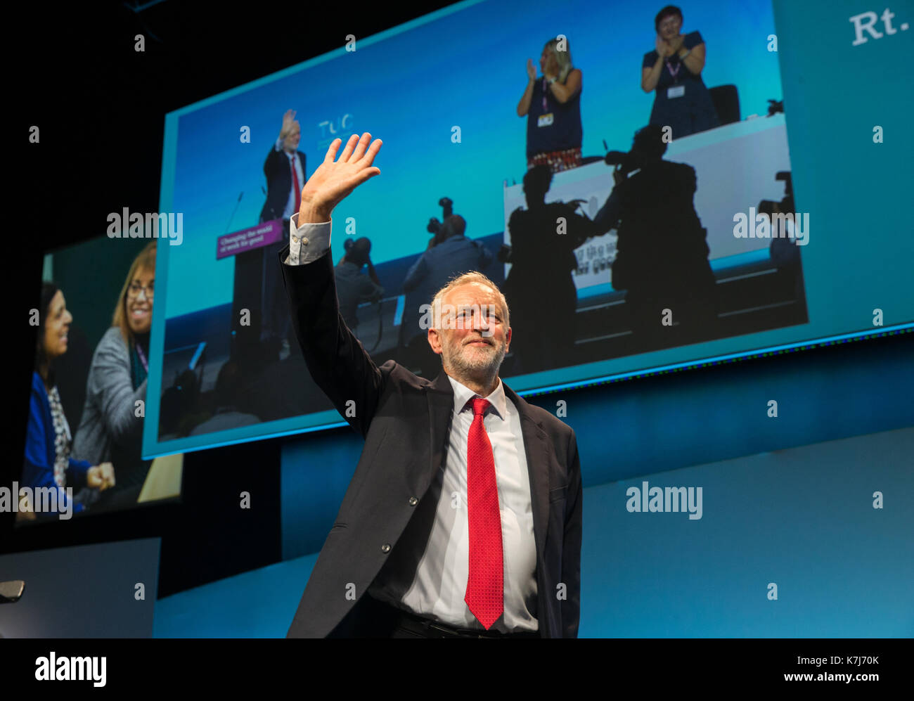 Labour leader, Jeremy Corbyn, addresses the TUC conference in Brighton ...