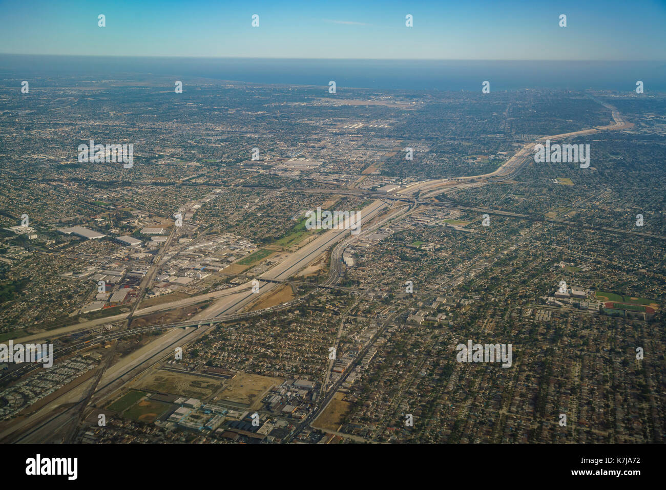 Aerial view of South Gate, view from window seat in an airplane at ...