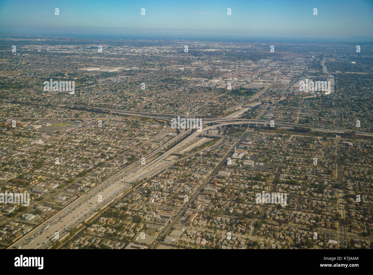 Aerial view of cityscape, view from window seat in an airplane at Los ...