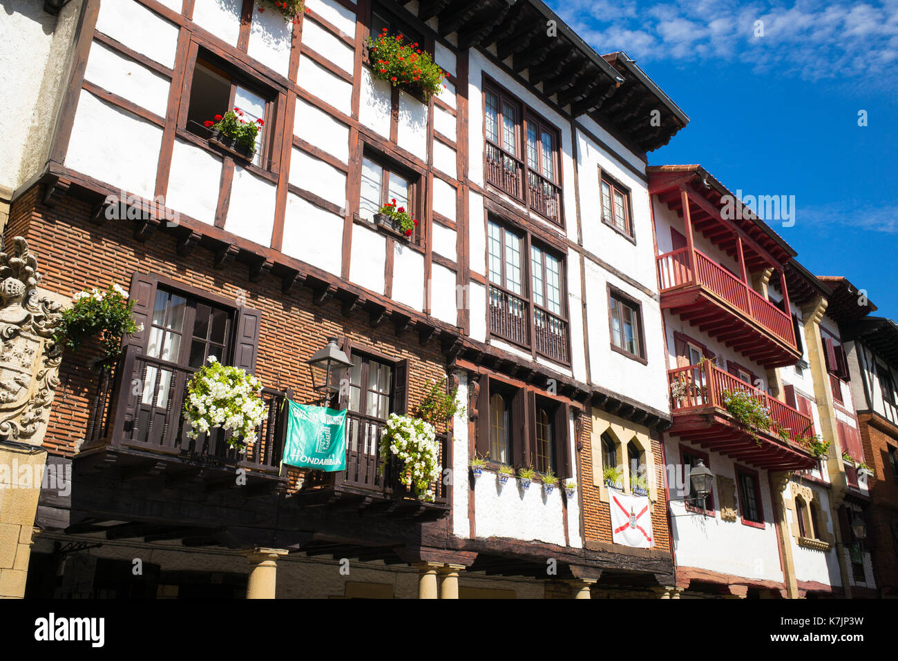 Medieval half-timbered architecture of flats in Hondarribia, in ...