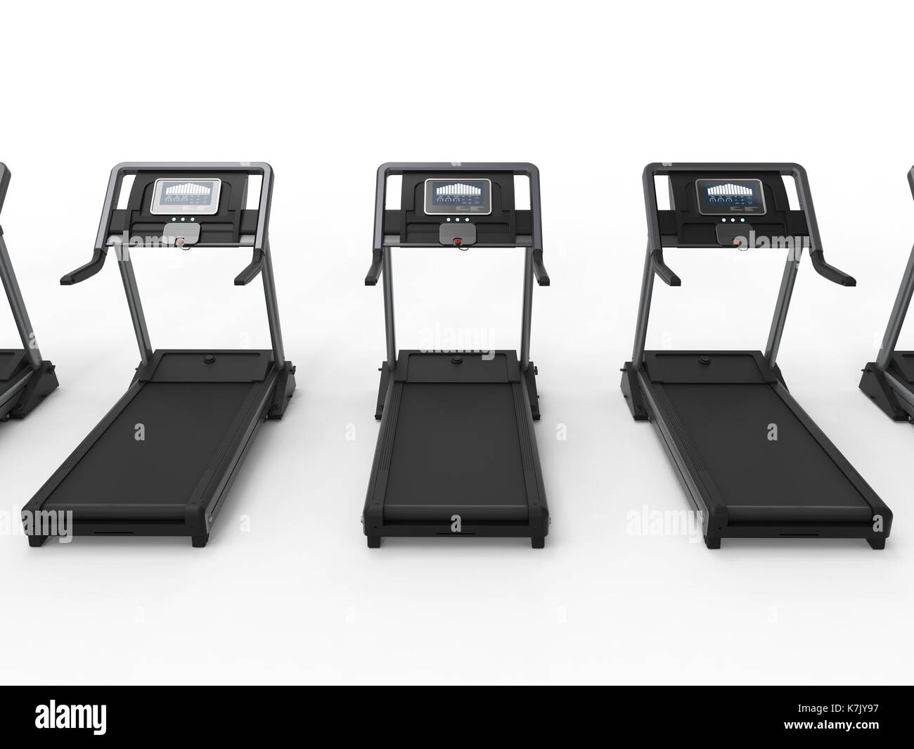 3d rendering treadmills or running machines in a row on white ...