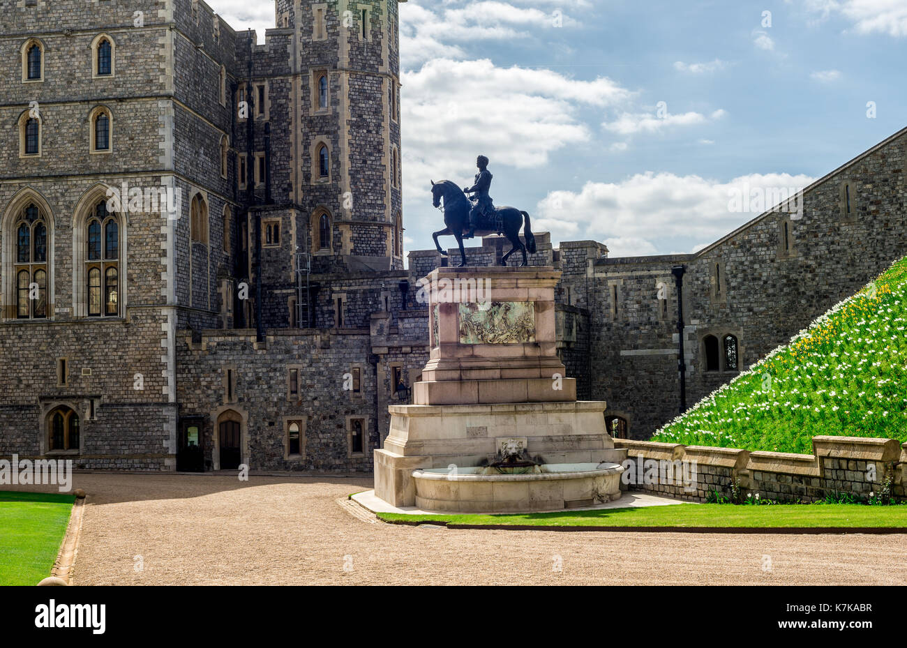 A bronze statue of Charles II on horseback next to the South Wing ...