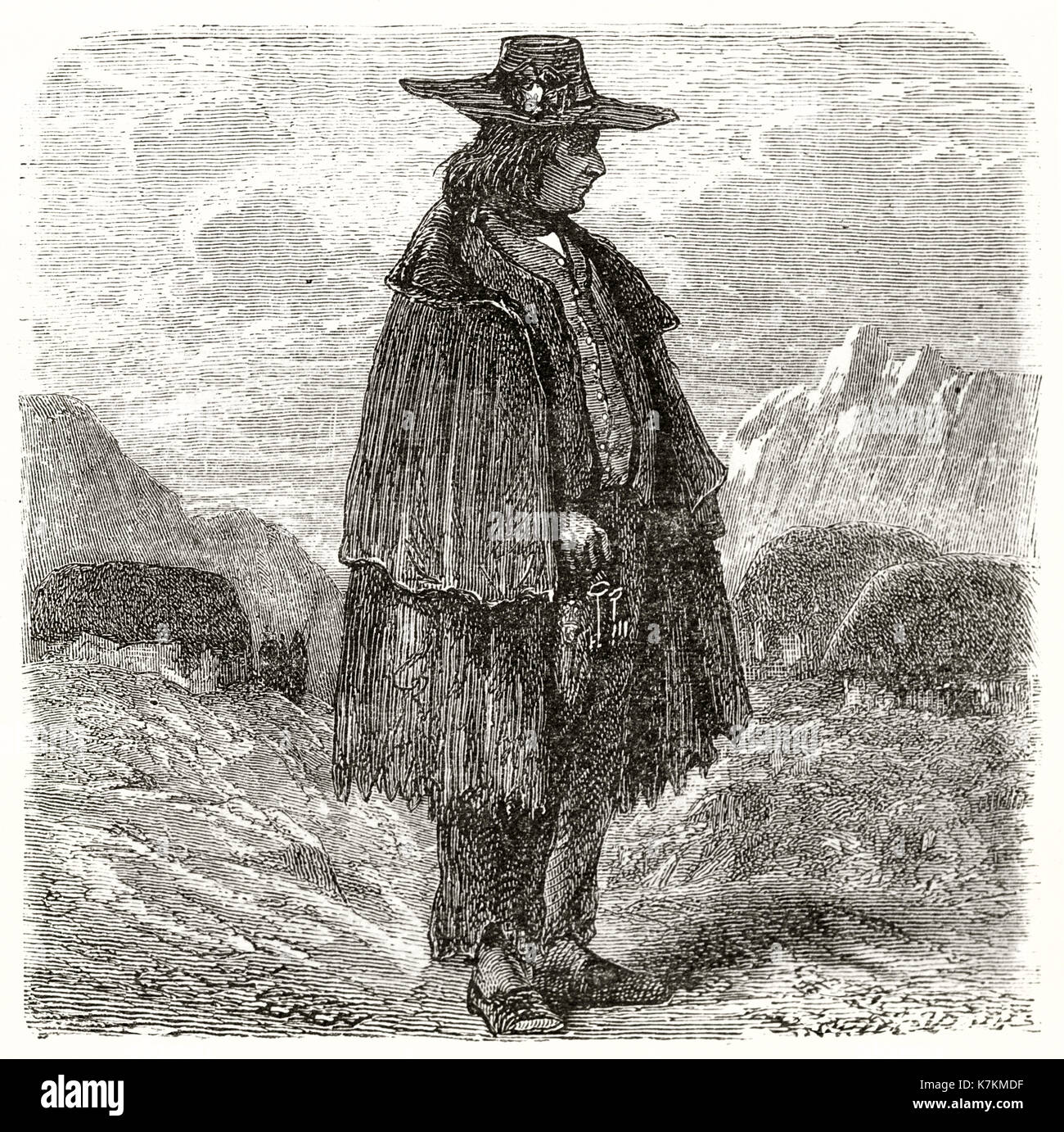 Old engraved portrait of Peruvian man. By Riou, publ. on Le Tour du ...