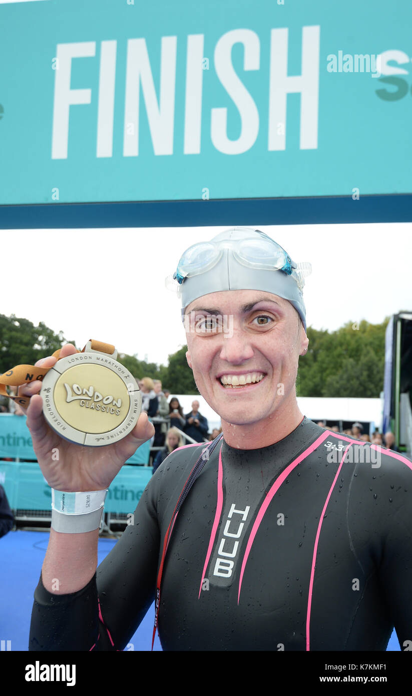 Olympic rower Heather Stanning holds her Medal after the mass swim ...