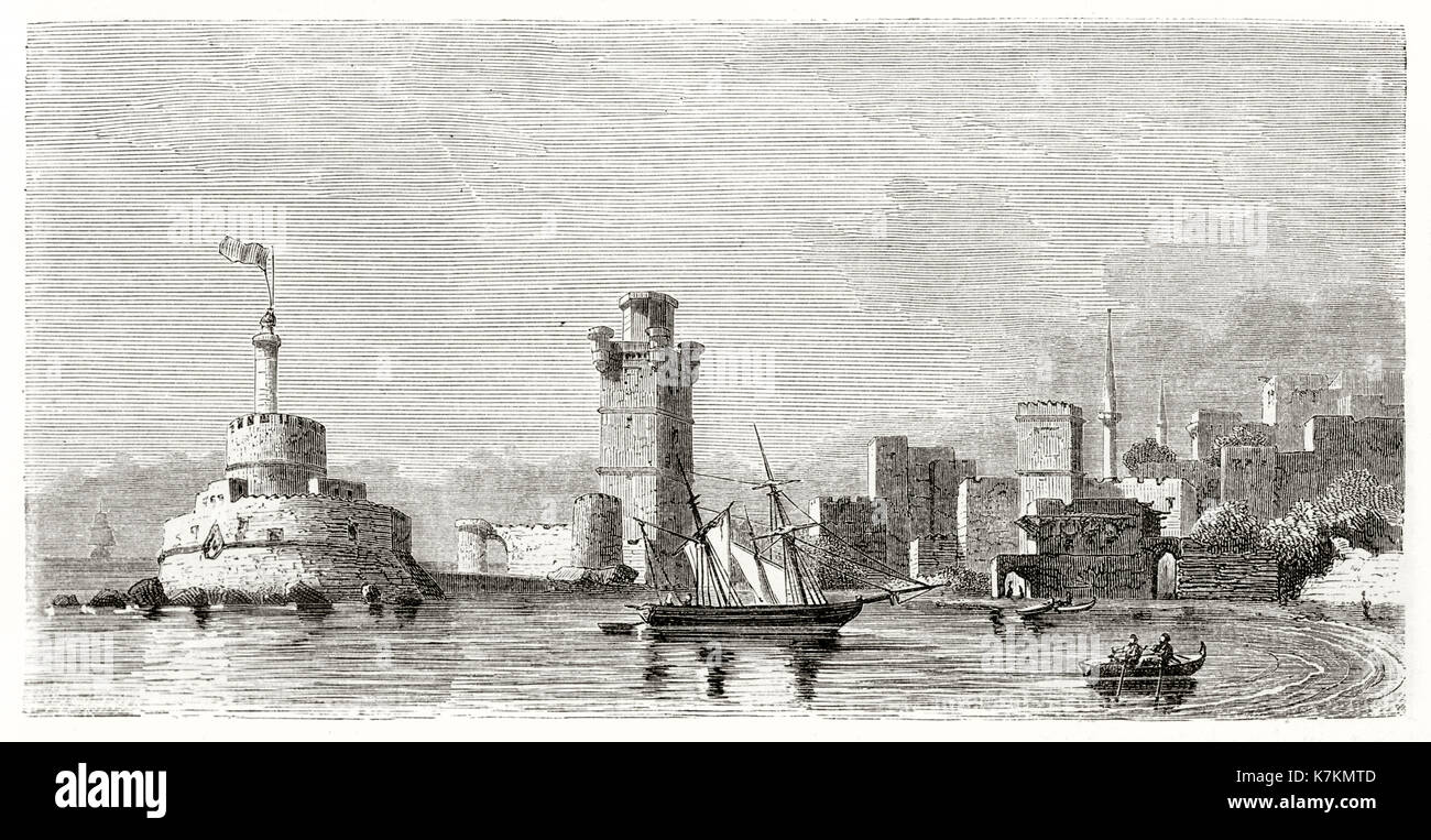 Old view of Rhodes shoreline. By Maurand, publ. on Le Tour du Monde ...