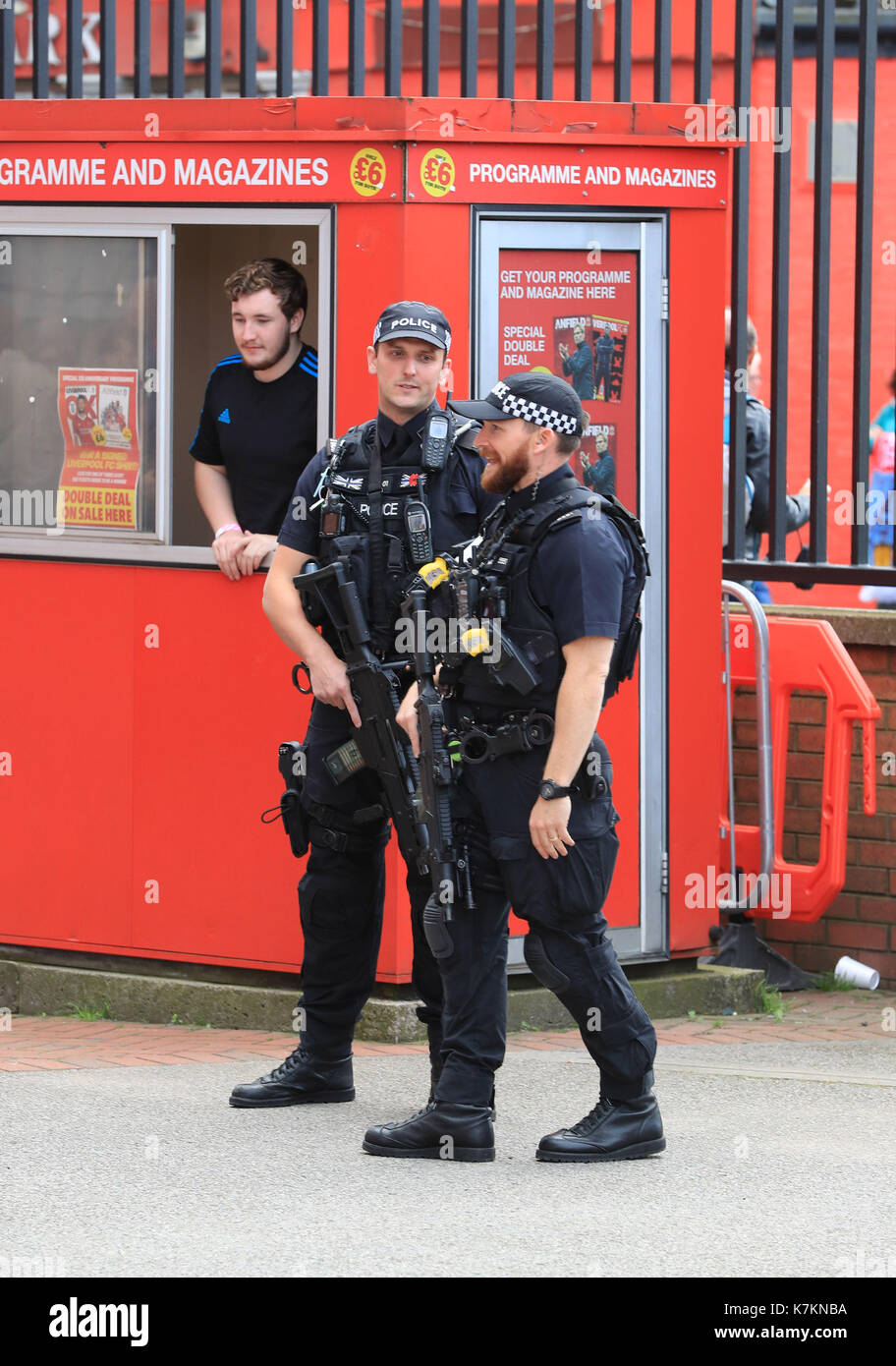 Armed police officers outside Anfield in Liverpool before the Premier ...