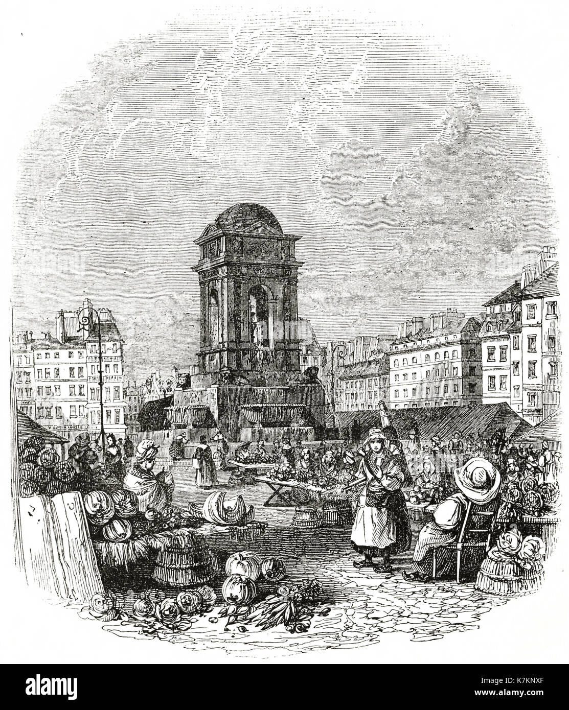 Old market in Paris called Marché des Innocents on a square. Poor ...