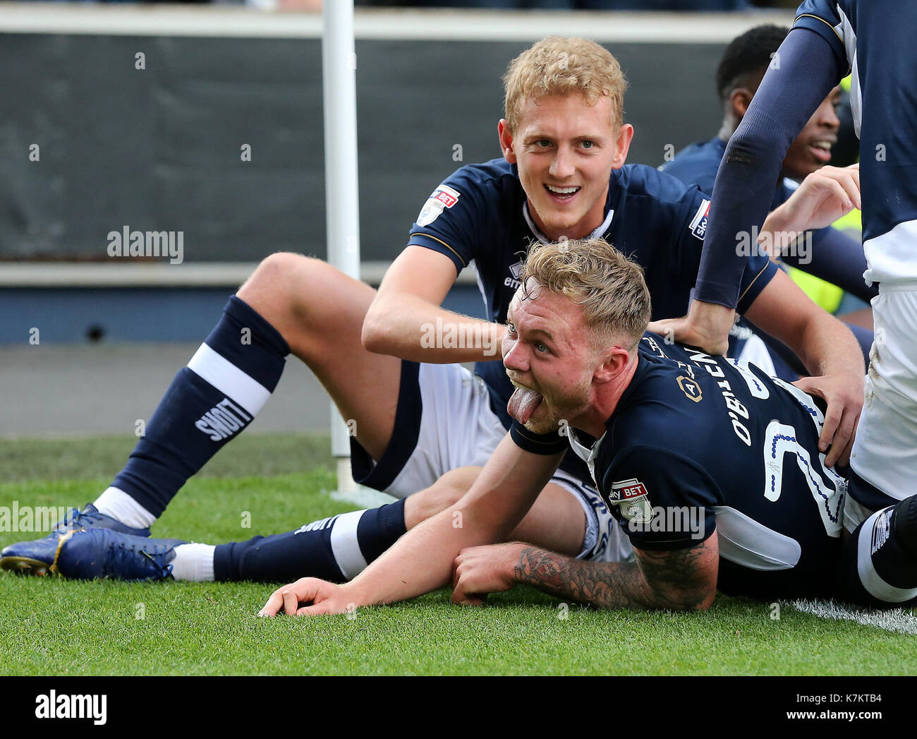 Millwall's Aiden O'Brien celebrates scoring his side's first goal of ...