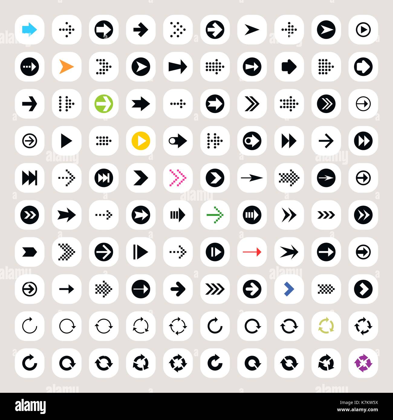 100 arrow sign icon set pictogram on rounding square shapes. Modern ...