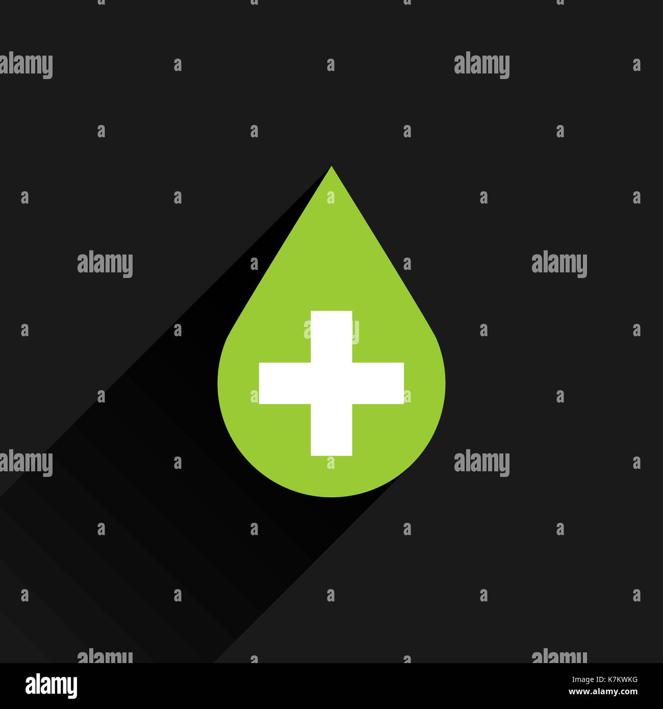 First aid drop green sign with white cross with long shadow in simple ...