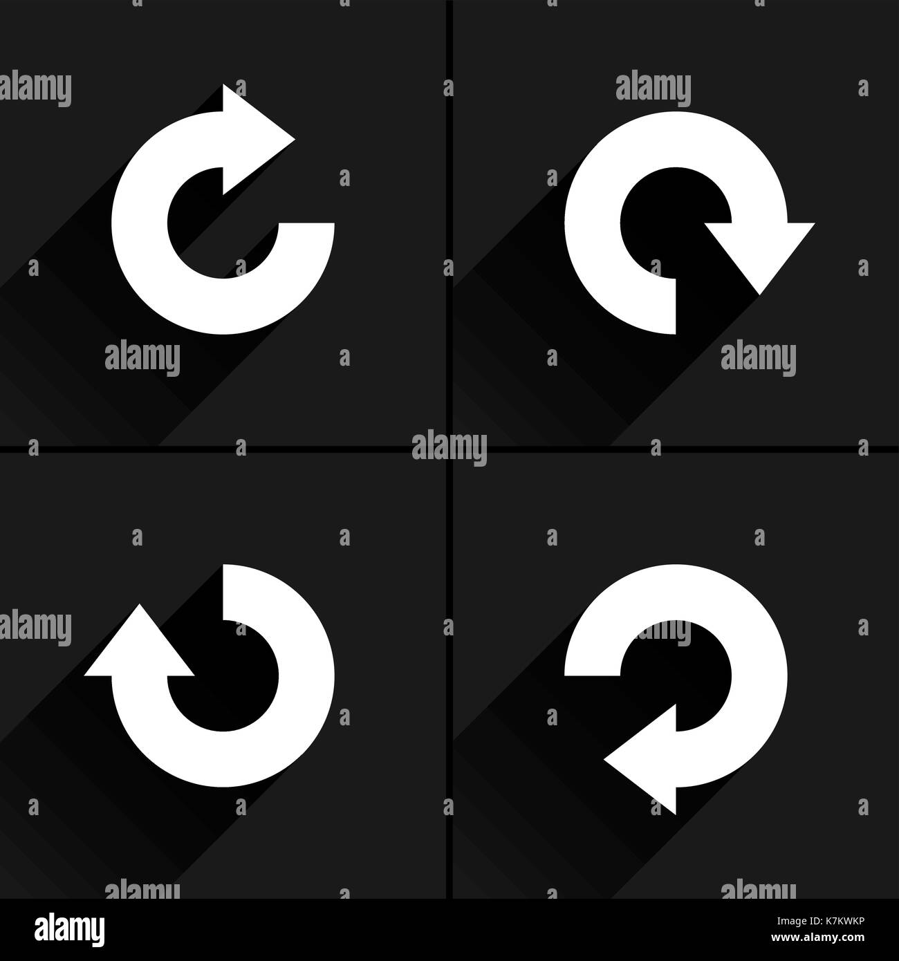 4 arrow icon refresh, rotation, reset, repeat, reload sign set 01. White pictogram with black ...