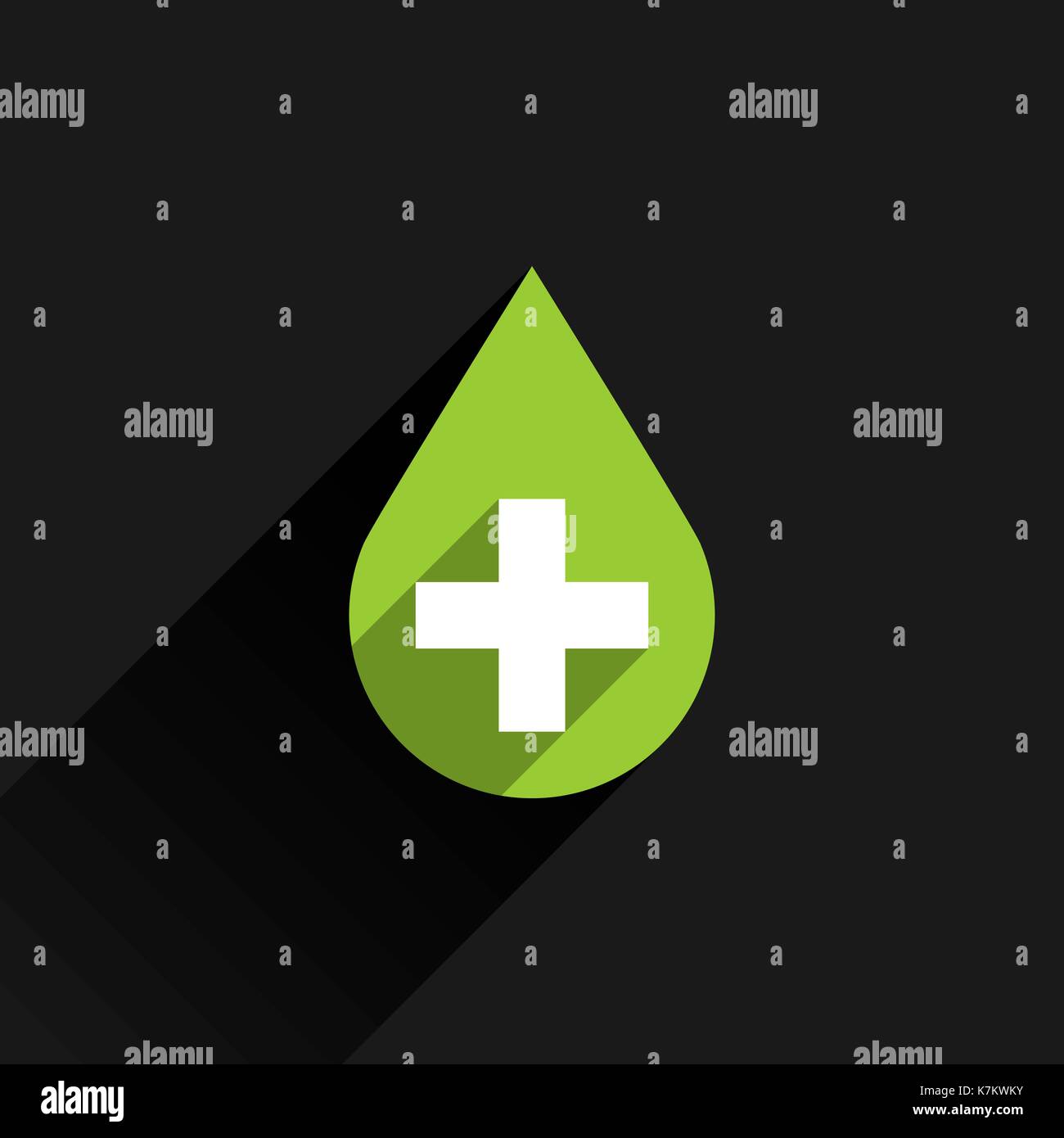 First aid drop green sign with white cross with long shadow in simple ...