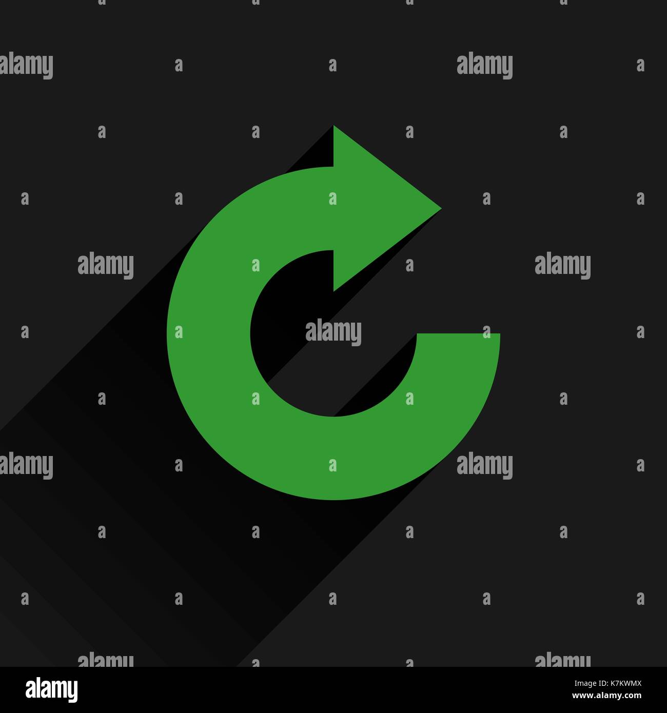 Green arrow icon reload, refresh, rotation, reset, repeat sign. Web pictogram with long shadow ...