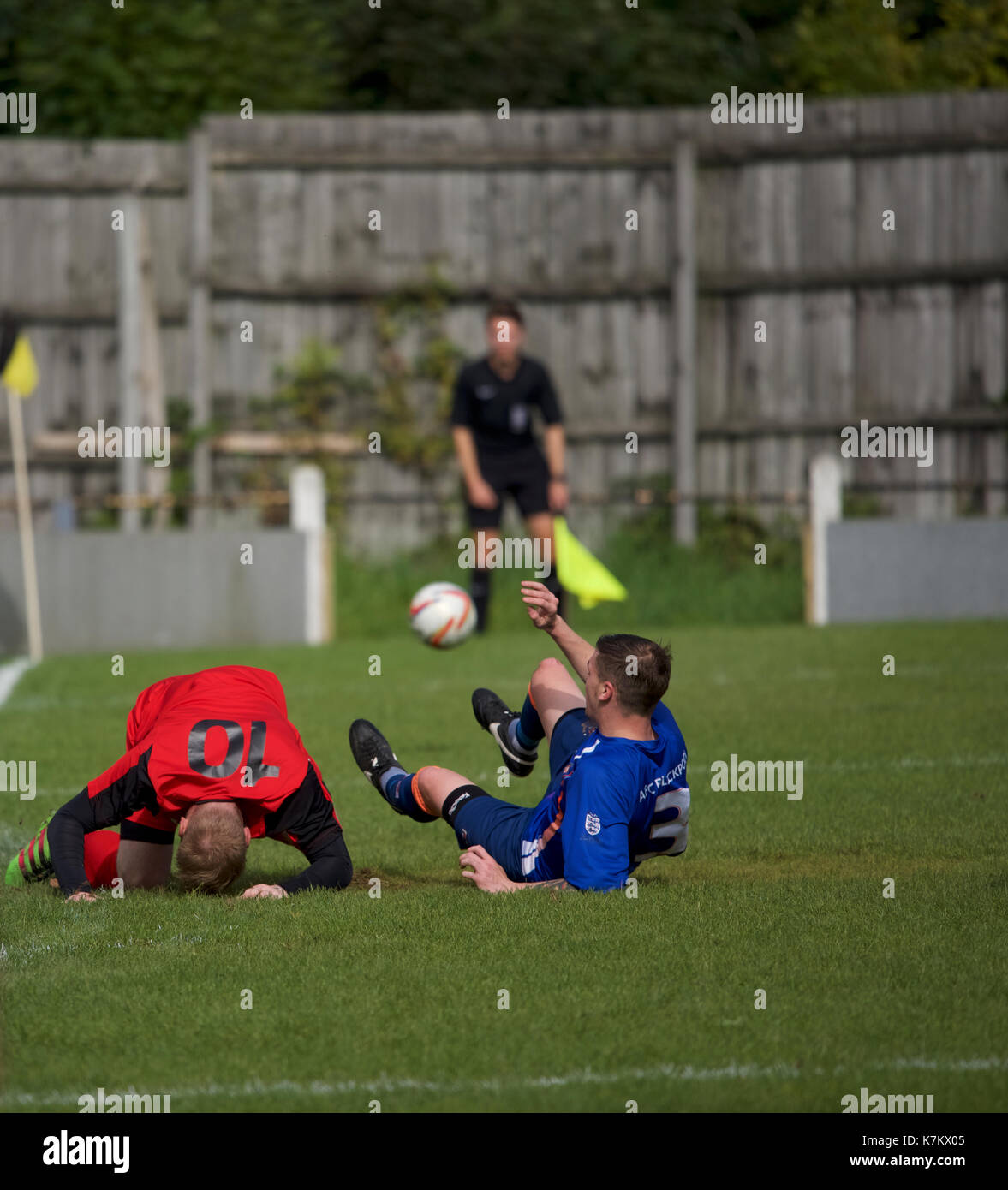 Football action from non-league match between New Mills FC and AFC ...
