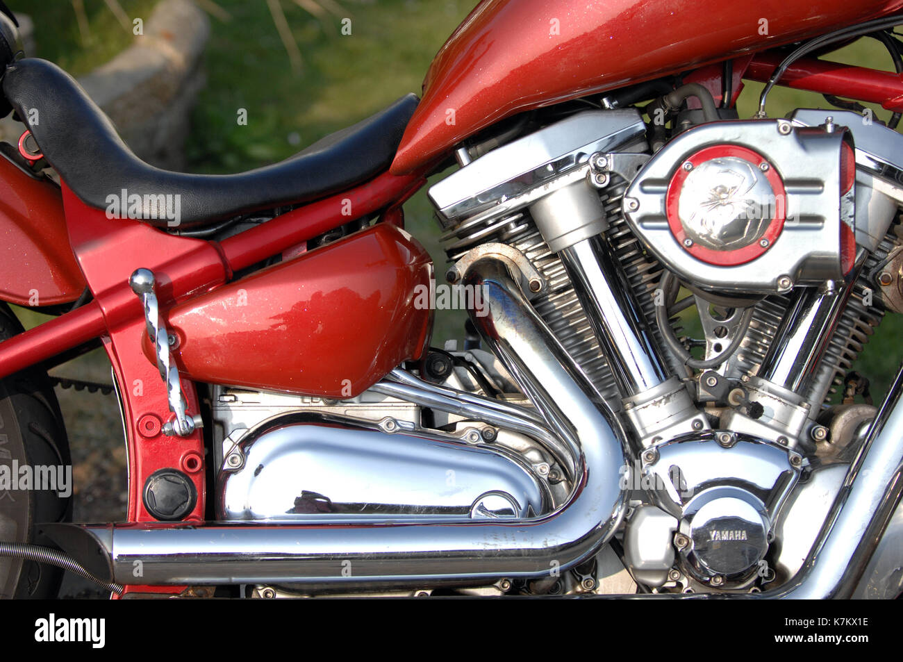 close up of Harley Davidson motorcycle engine or chopper at a show ...