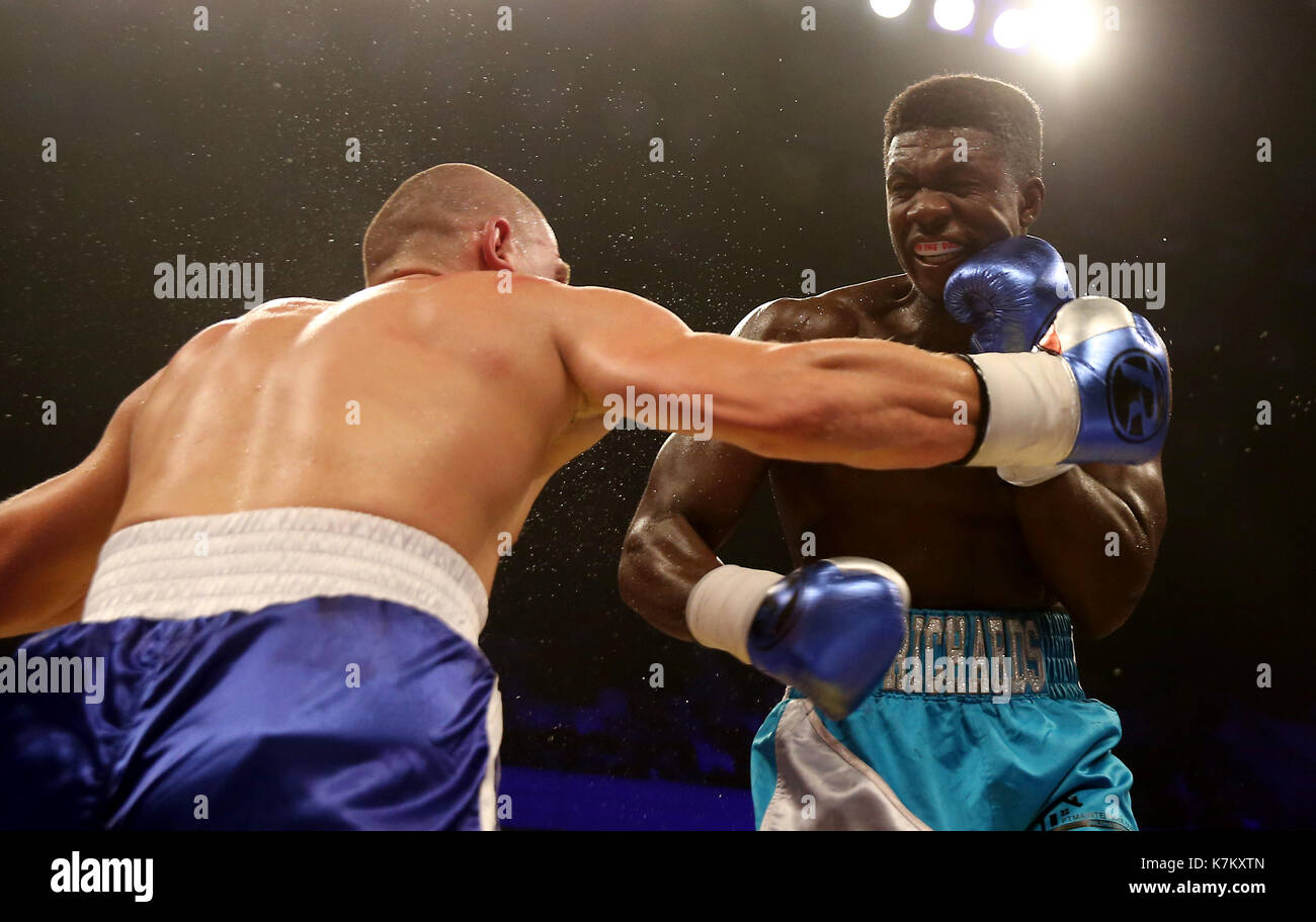 Lerrone Richards in action with Ferenc Albert at the Copper Box Arena, London. PRESS ASSOCIATION ...